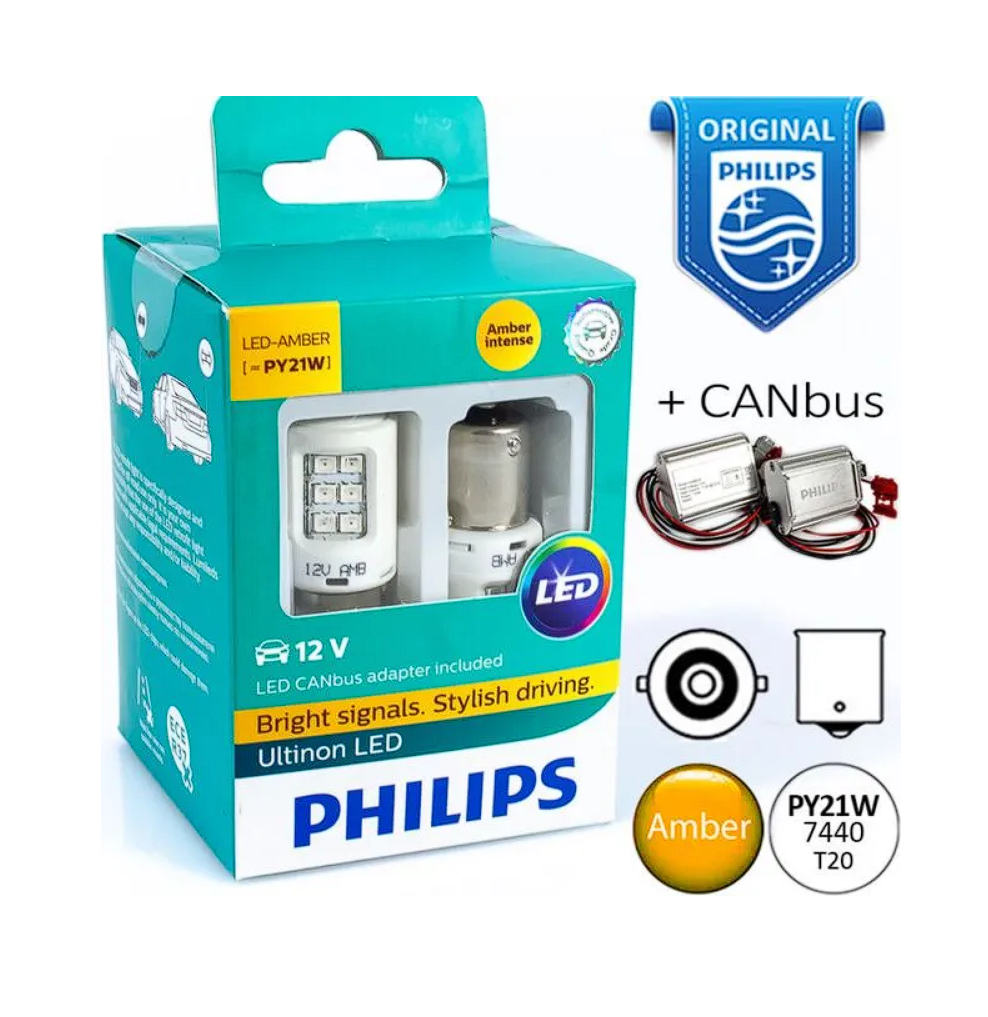 Лампа светодиодная 12V PY21W BAU15s желтая (2шт.) с обманкой CANbus PHILIPS 11498ULAX2 1шт