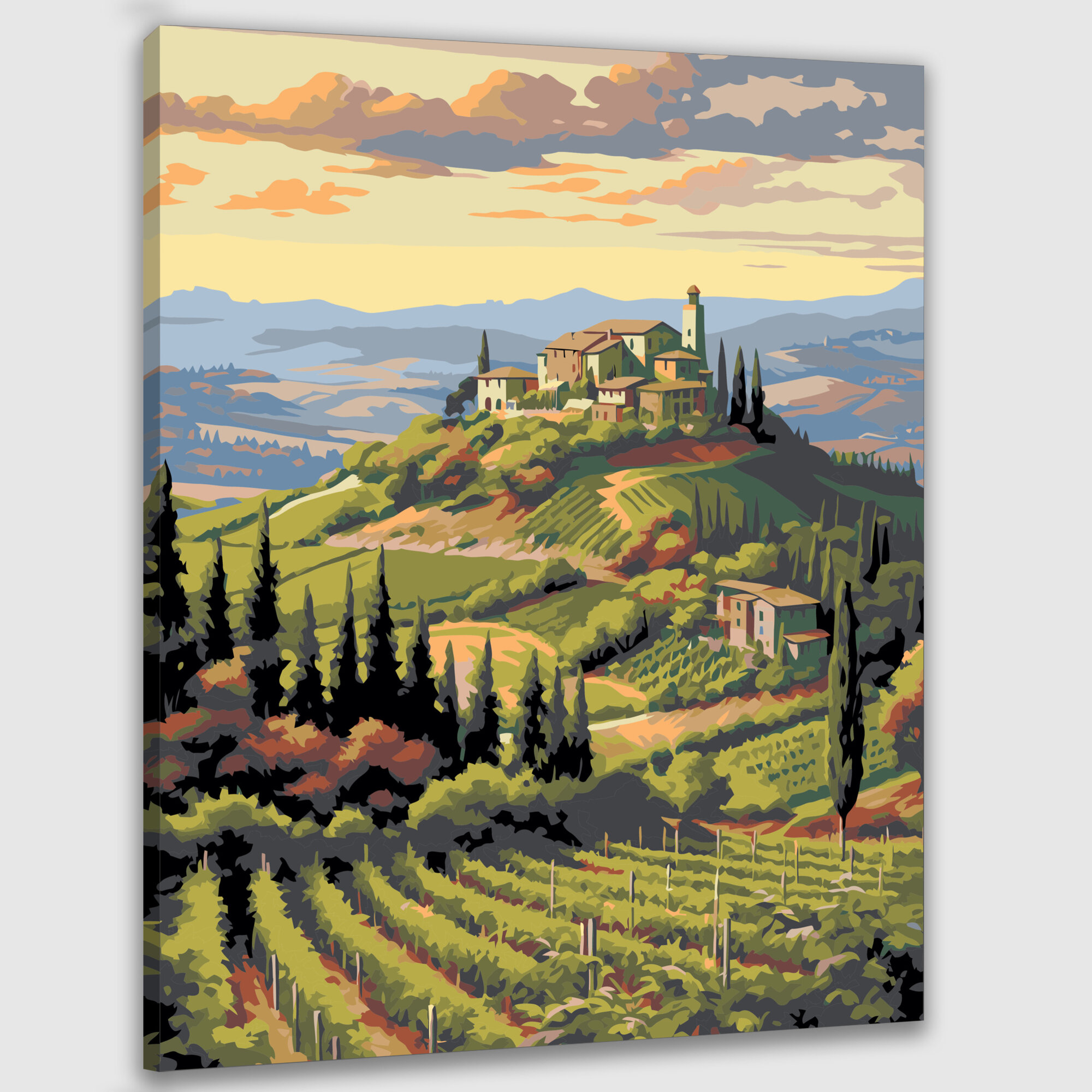 Картина по номерам 40x50 см, пейзаж, итальянский Ренессанс, Тоскана, холмы, виноградники, зелень, фермерские дома