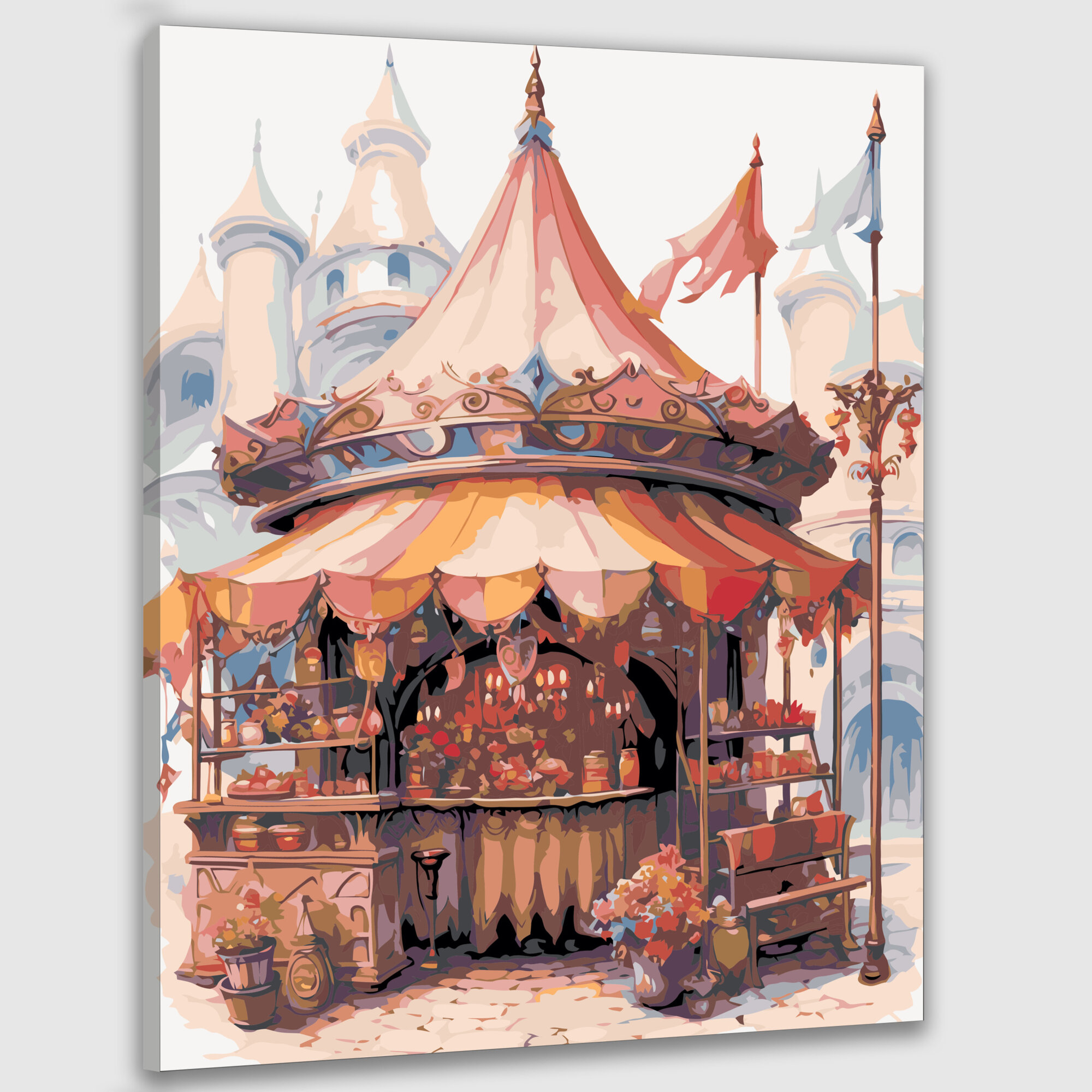 Картина по номерам 40x50 см, акварельная иллюстрация, палатка гадалки, оживленный рынок, яркие ткани