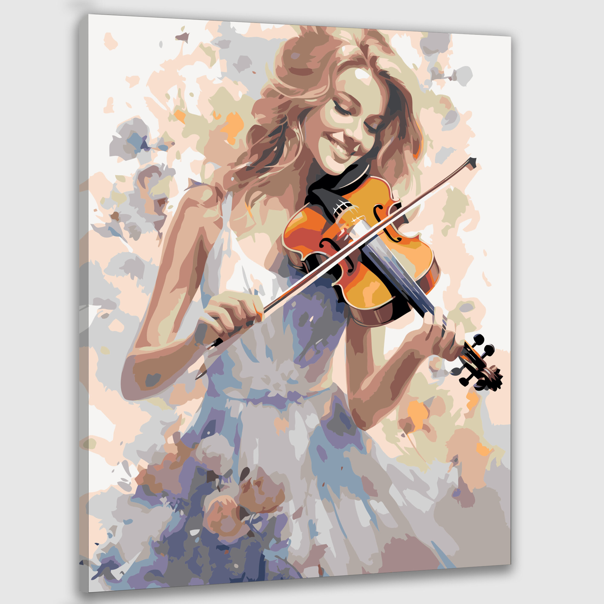 Картина по номерам 40x50 см, акварельная картина, девушка, улыбка, глаза, страсть, скрипка, мелодия, пастельные тона