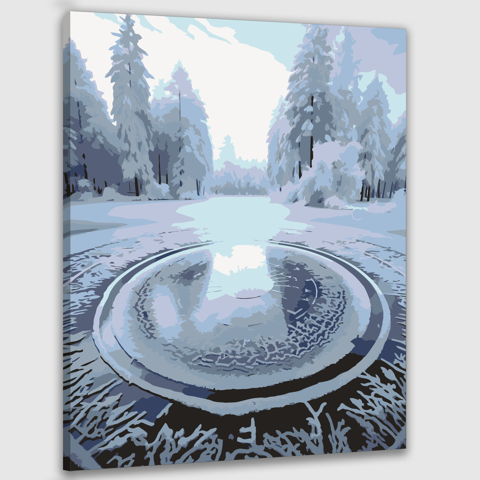 Картина по номерам 40x50 см, фотография, зимняя мандала, замерзшее озеро, величественные деревья, снег, трещины