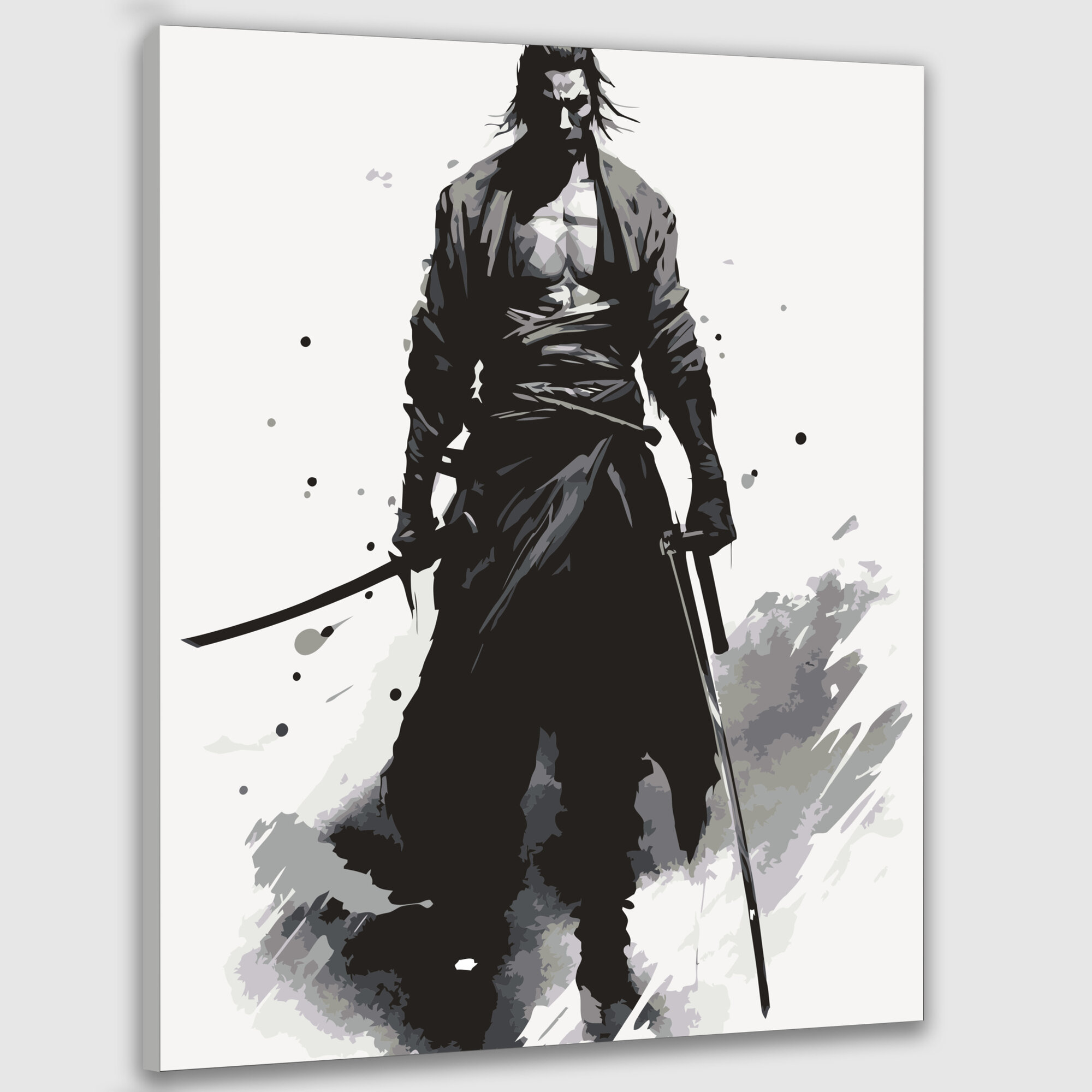 Картина по номерам 40x50 см, картина, черно-белая, иллюстрация, тушь, самурай, стойкий, весь рост, катана, рука, линии
