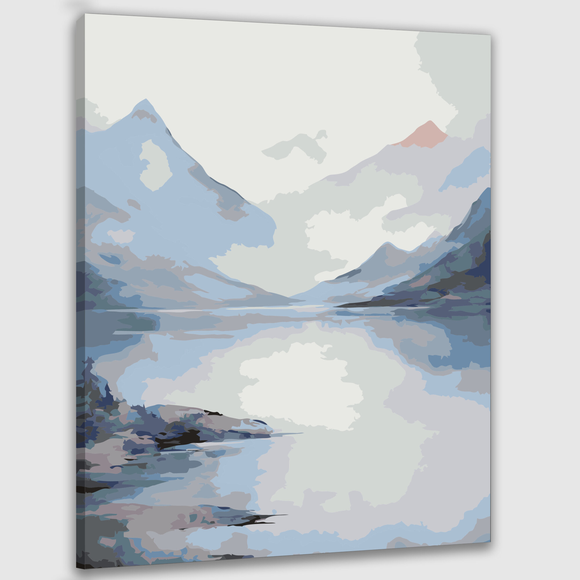 Картина по номерам 40x50 см, импрессионизм, озеро, горы, туман, безмятежное настроение, приглушенные цвета, текстуры