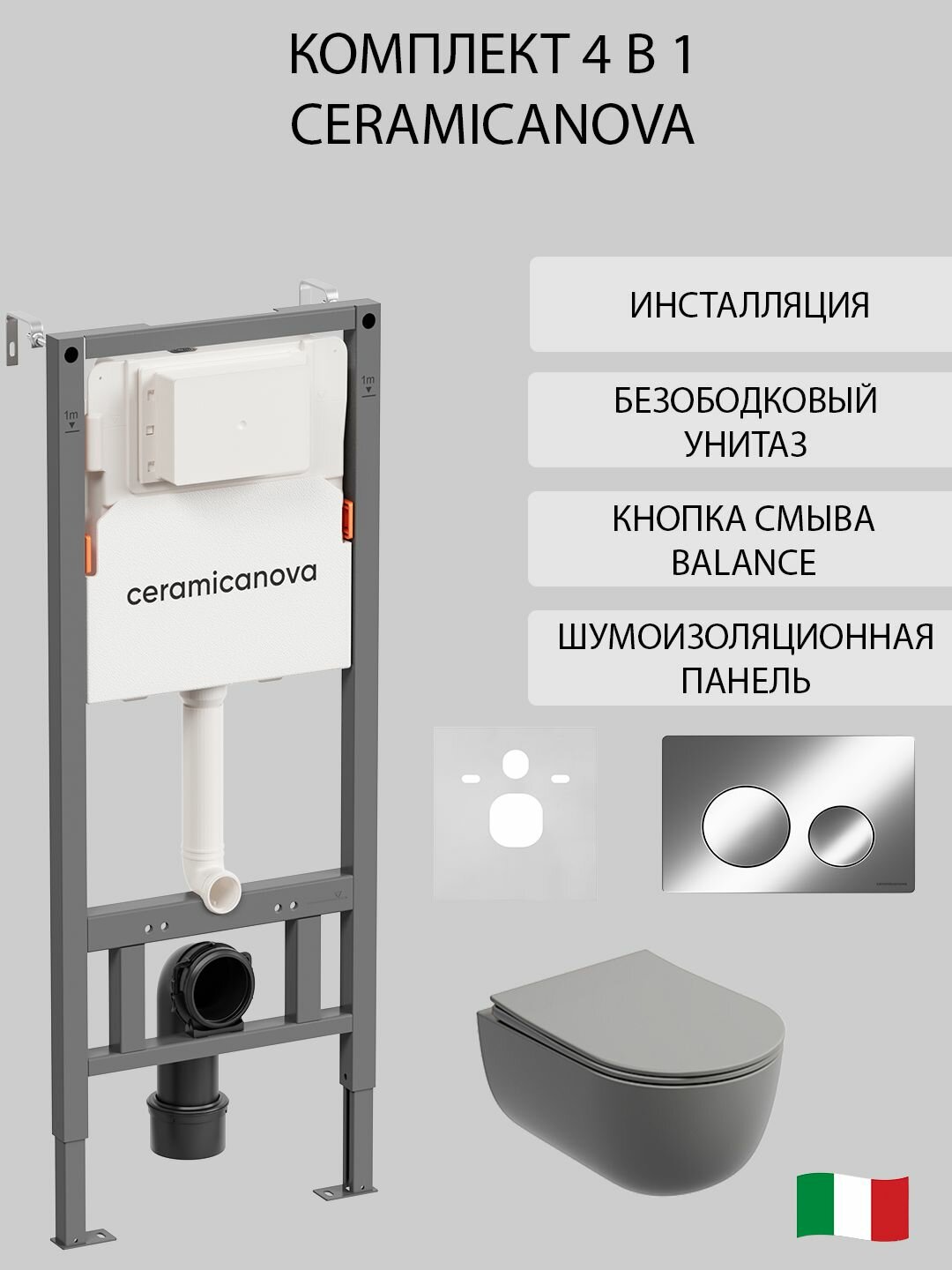Комплект 4 в 1 Ceramicanova инсталляция с унитазом Modena, с круглой кнопкой Balance хром матовый