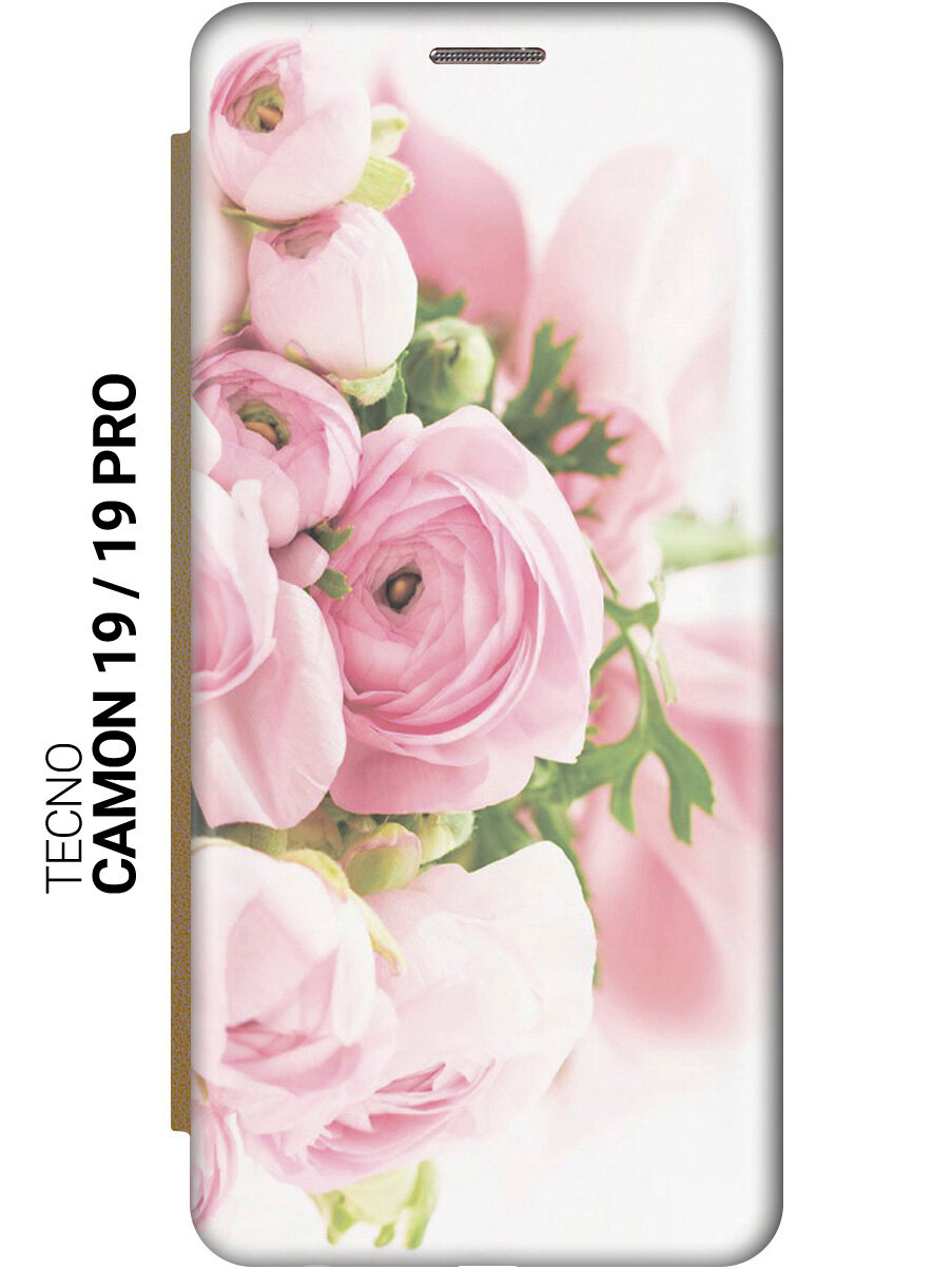 Чехол-книжка на Tecno Camon 19 / 19 Pro / Техно Камон 19 / 19 Про с рисунком "Розовые розы" золотой
