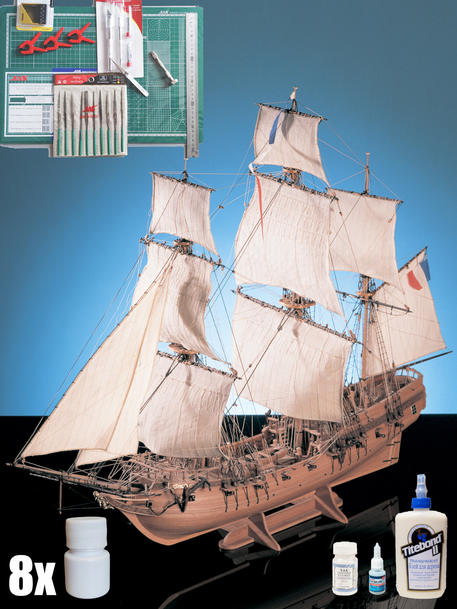 Сборная модель корабля от Corel, корвет Tonnant, 840х570х265 мм, М.1:50, подарочный набор, инструмент, краски, лак, клея