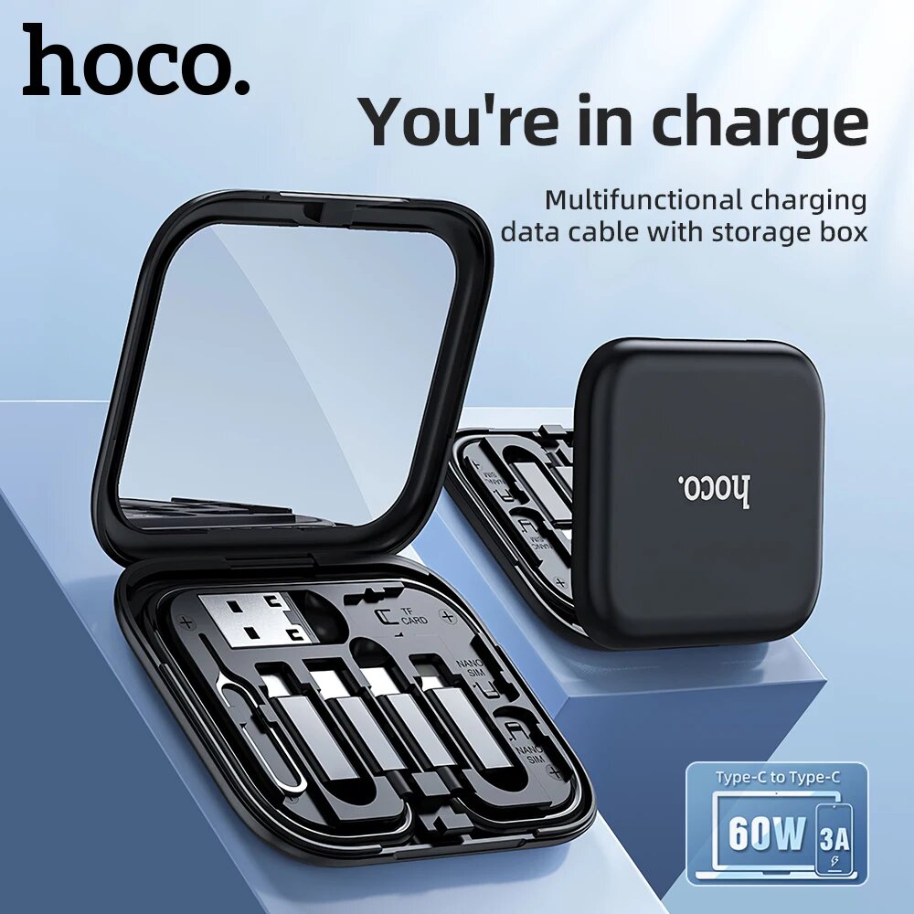 HOCO U114 PD60W Многофункциональный зарядный кабель для передачи данных, коробка для хранения, зеркало для макияжа, портативный дорожный держатель для мобильного телефона с несколькими головками