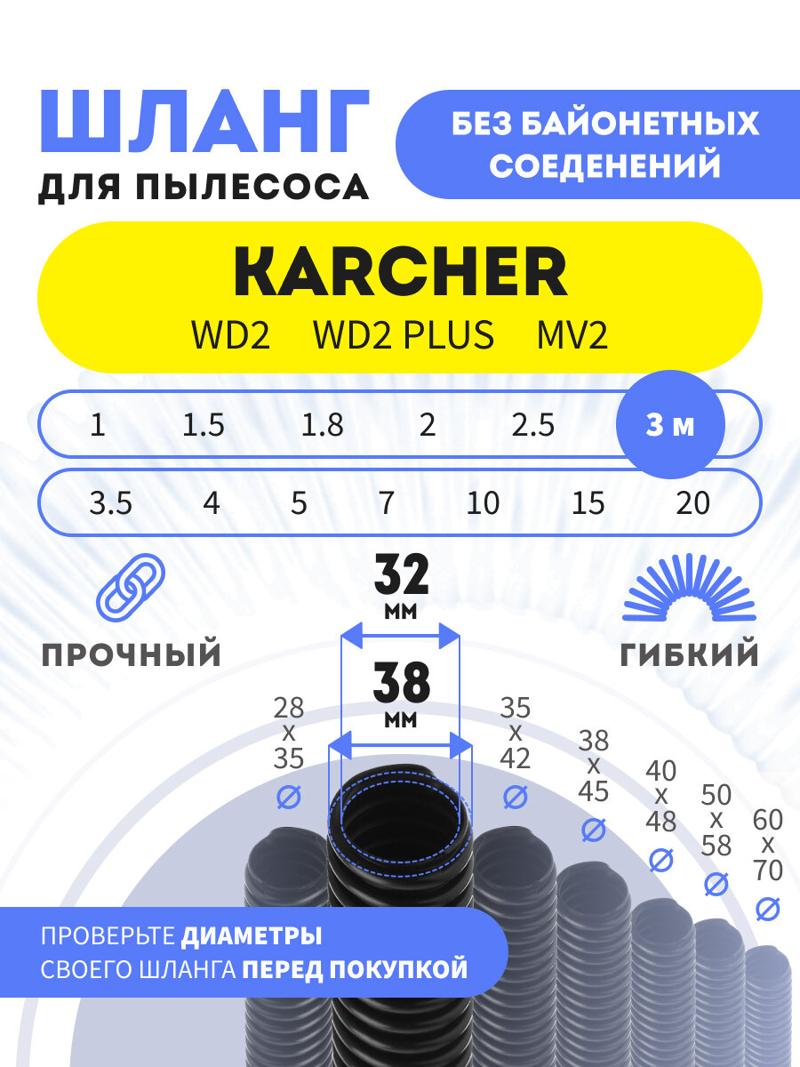 Шланг гибкий для пылесосов Karcher серий WD2/WD2 Plus/MV2 3 м