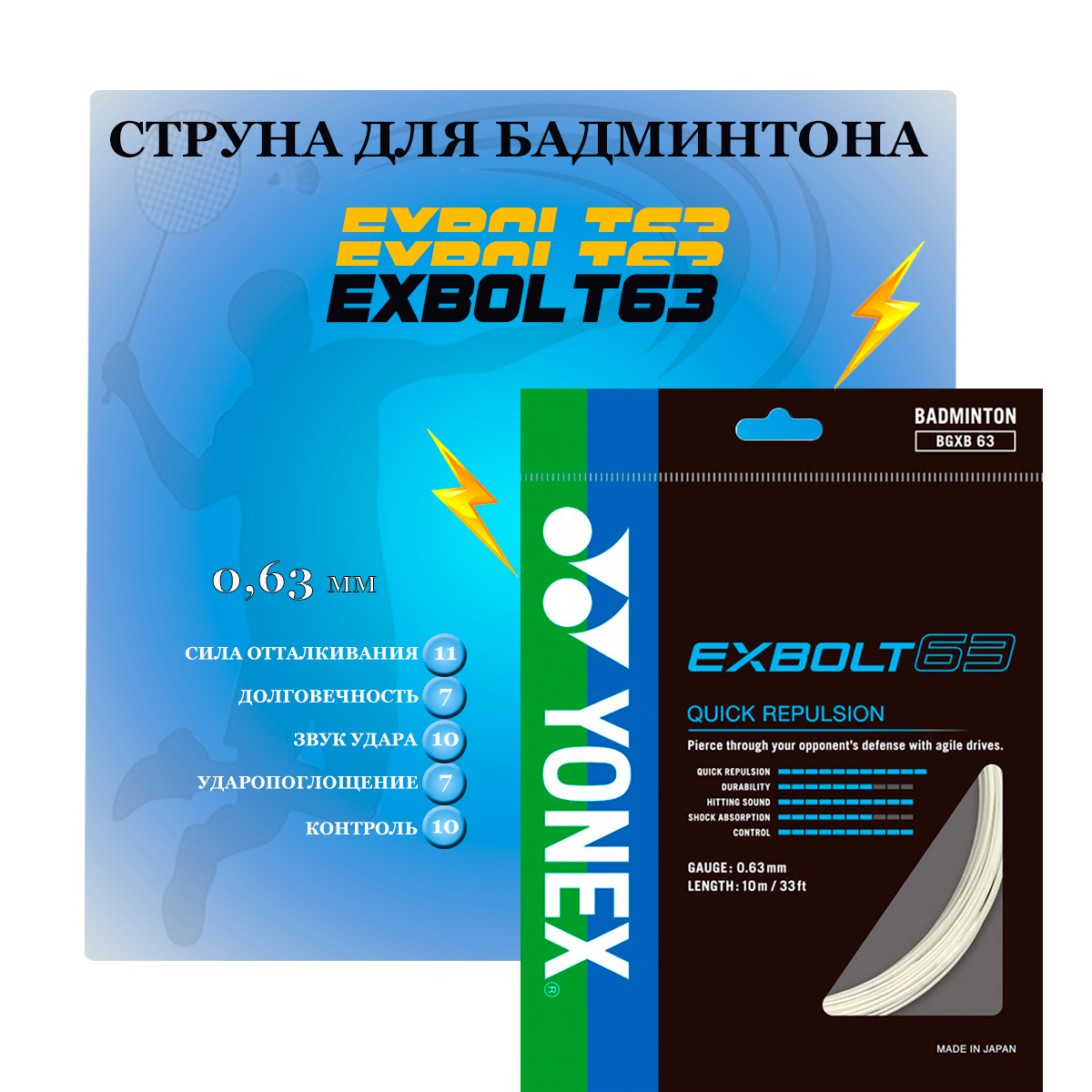 Струна YONEX EXBOLT 63, для бадминтона, белая, длина 10 м, ширина 0,63 мм, 1шт