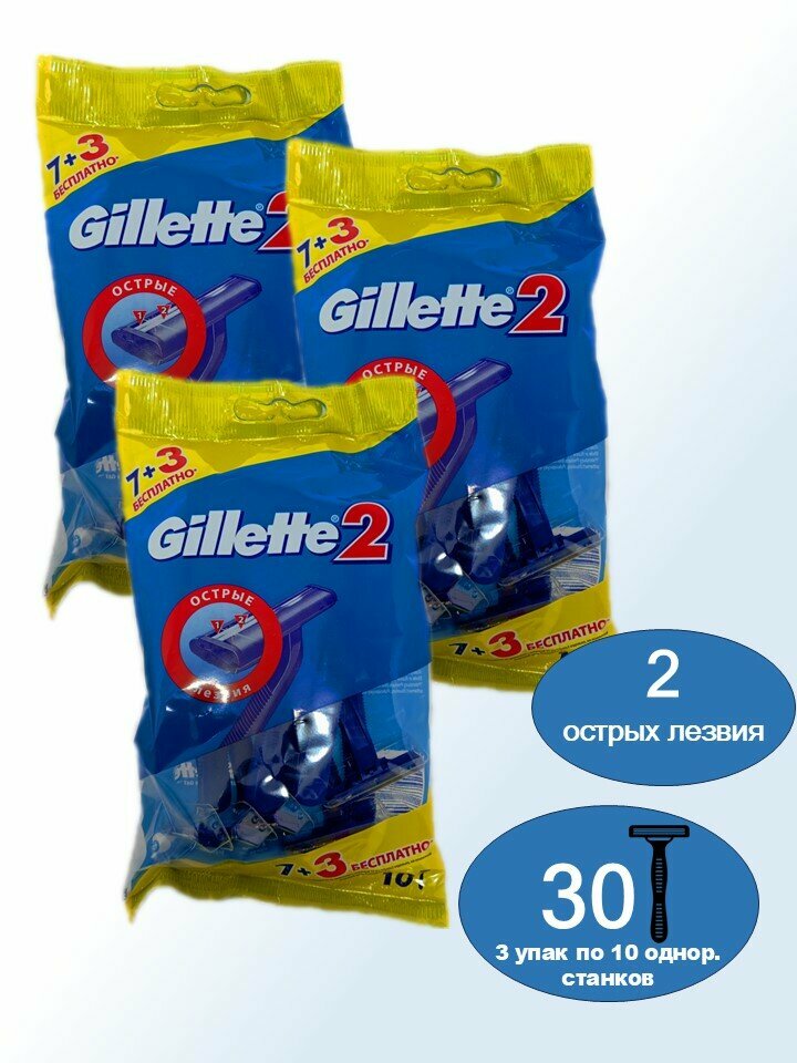 Бритвы мужские одноразовые Gillette 2, 2 лезвия, 3 упак х 10 штук
