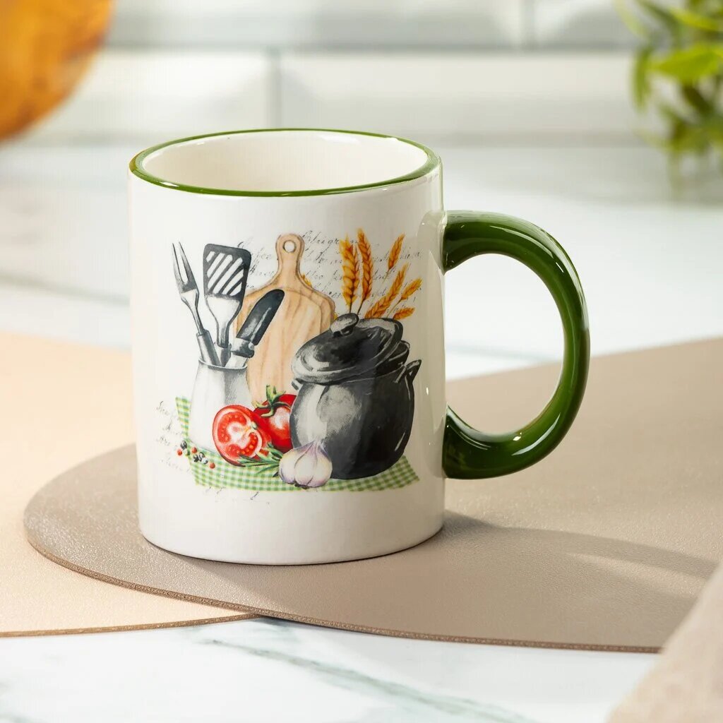 Кружка из доломита 310 мл Daniks Comely, белая с зелёной ручкой, подарок маме жене ребёнку, оригинальная посуда для кофе и чая