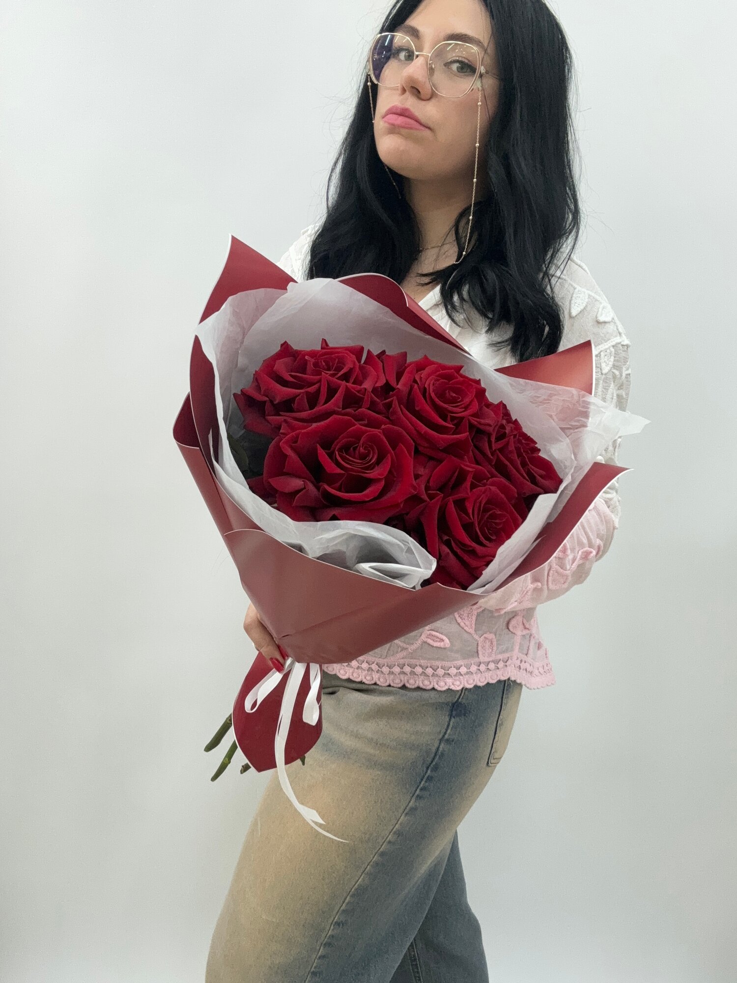 Букет Цветы 25 часов «Француженка» , красные розы, 5 шт, высота 50 см