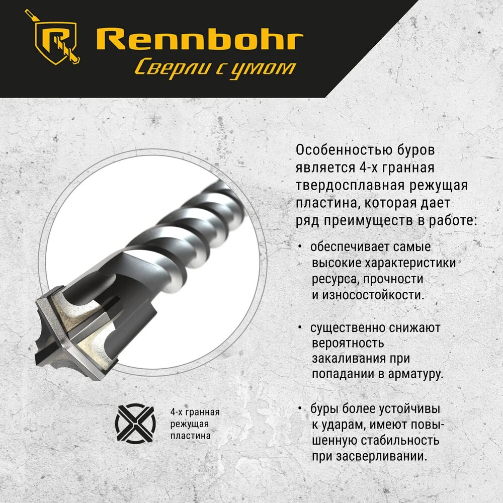 Бур RENNBOHR Quadro, SDS+, для бетона, армированного бетона, гранита, железобетона, камня, кирпича — фото 1