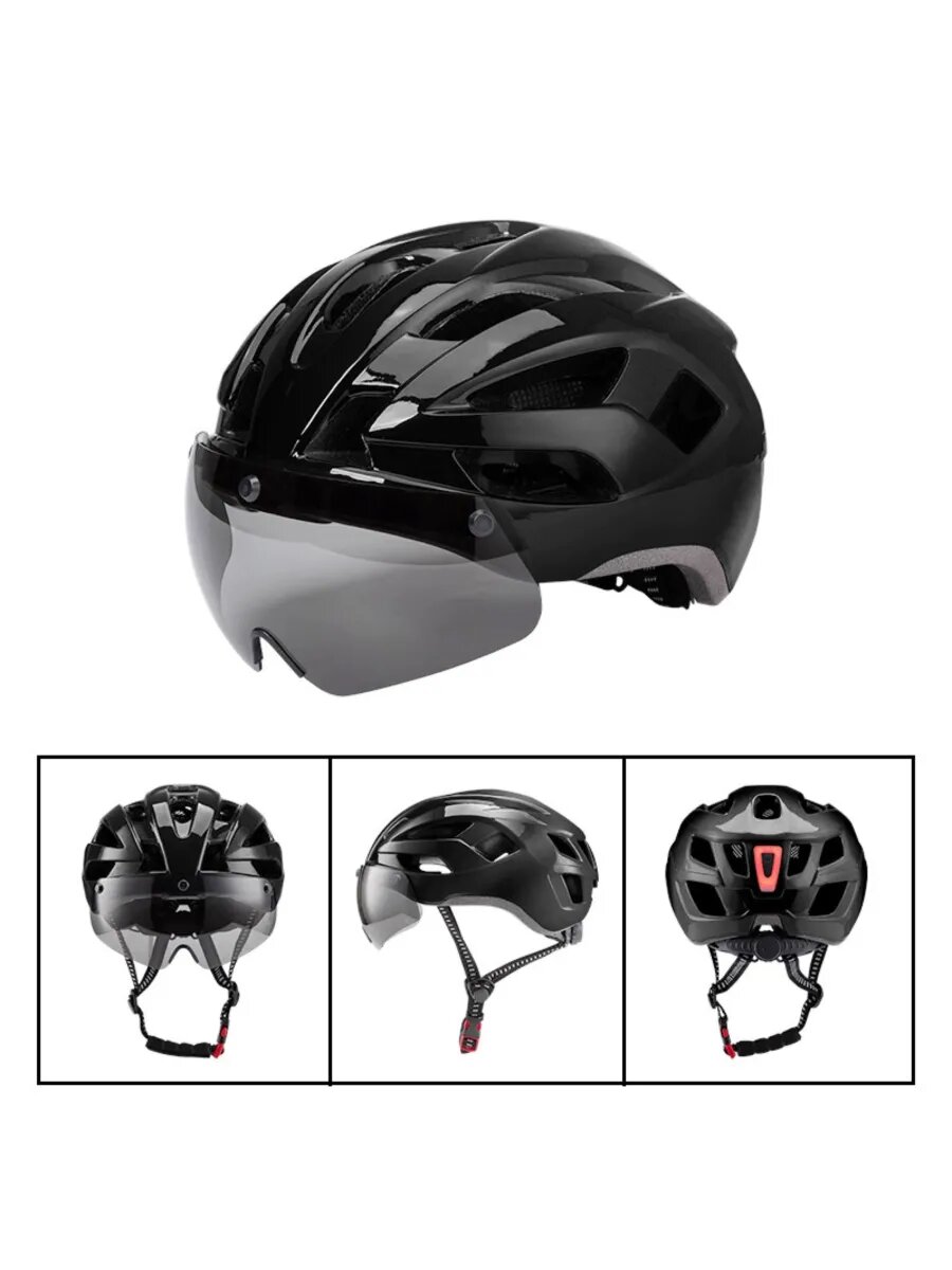 Шлем велосипедный, с подсветкой и магнитными очками, ПК с пенополистиролом, L, black-darkgrey-green