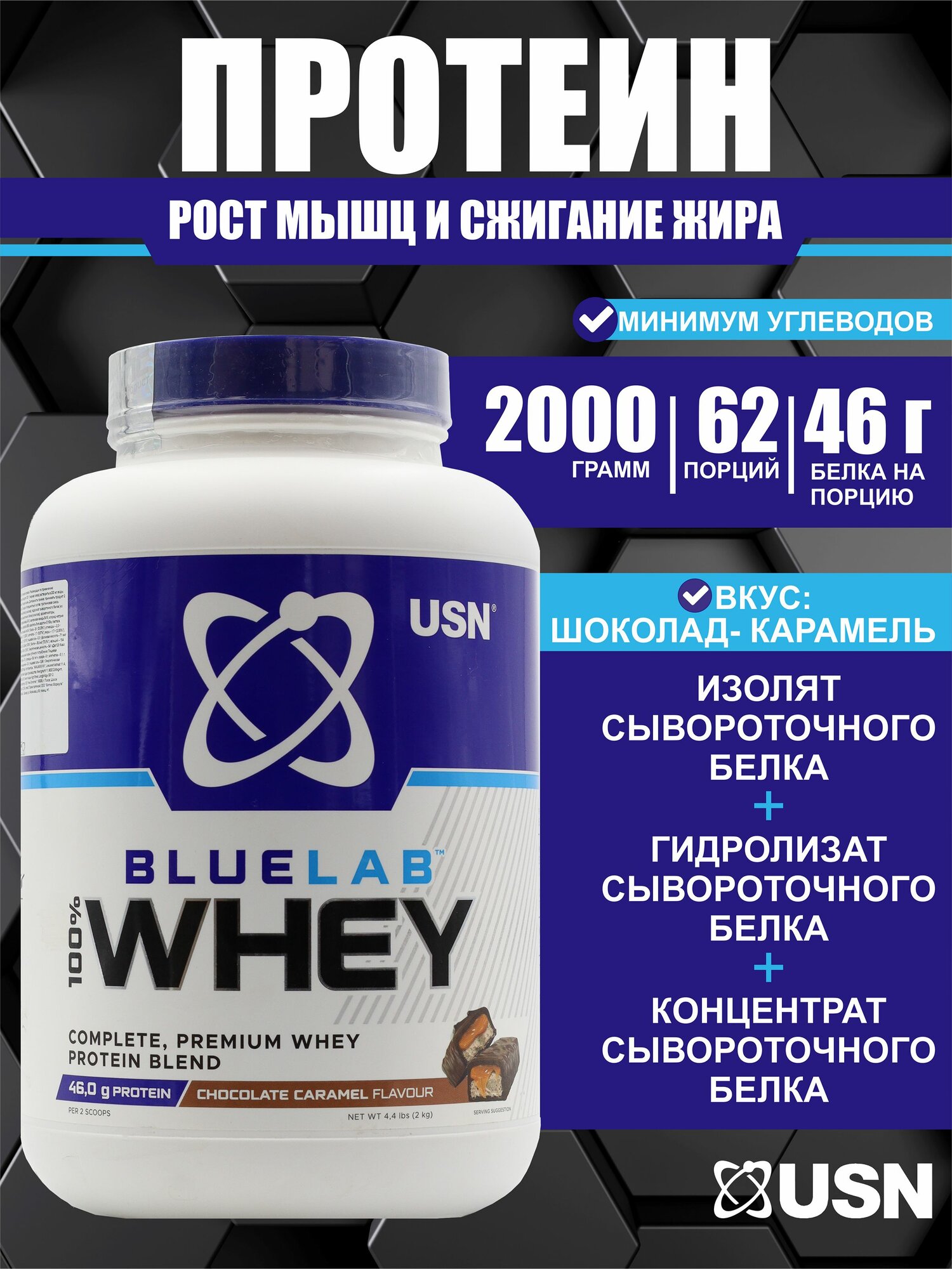Протеин USN Blue Lab Whey, 2 кг, сывороточный изолят, шоколадно-карамельный вкус