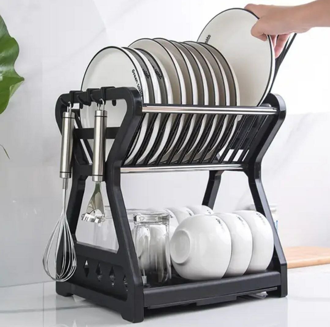 Настольная сушилка для посуды, пластиковая, с поддоном, 33х24х31см, 2 яруса, чёрная