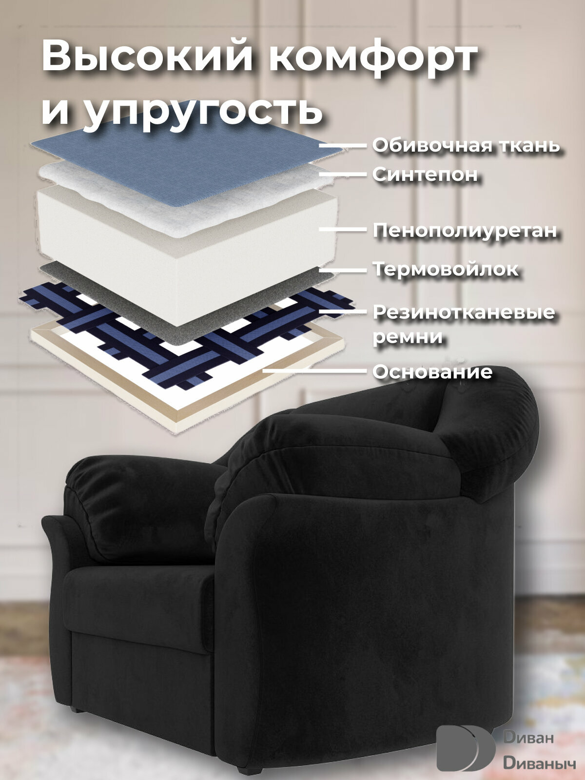 Кресло Классик с мягкими подлокотниками, 94х94х113 см, Велюр, черный — фото 1