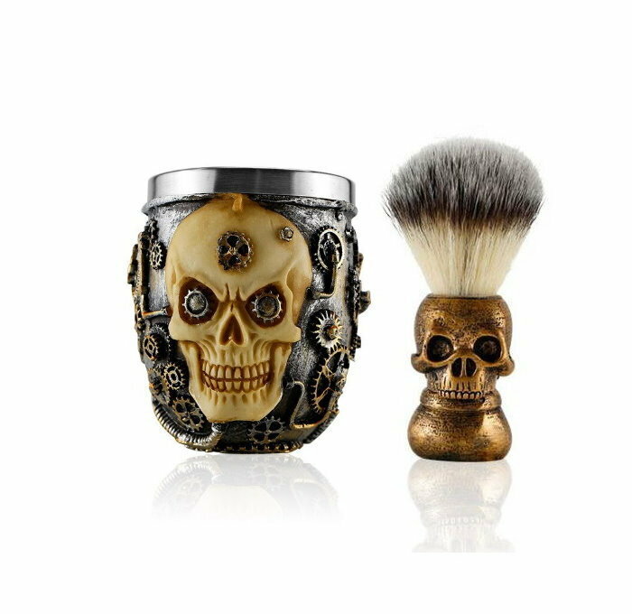 Набор для бритья: чаша Череп Стимпанк с помазком бронзового цвета