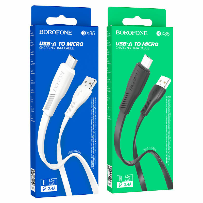 Кабель Borofone «BX85» USB-microUSB 2.4A, 1м, PVC, белый — быстрая зарядка и надёжное соединение