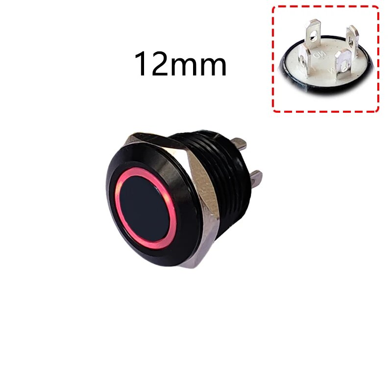 Суперкрошечный черный металлический кнопочный переключатель 12 мм, класс защиты IP65, лампа 3-24 В, 50 мА, кольцевой переключатель без блокировки, замена логотипа для приборной панели компьютера
