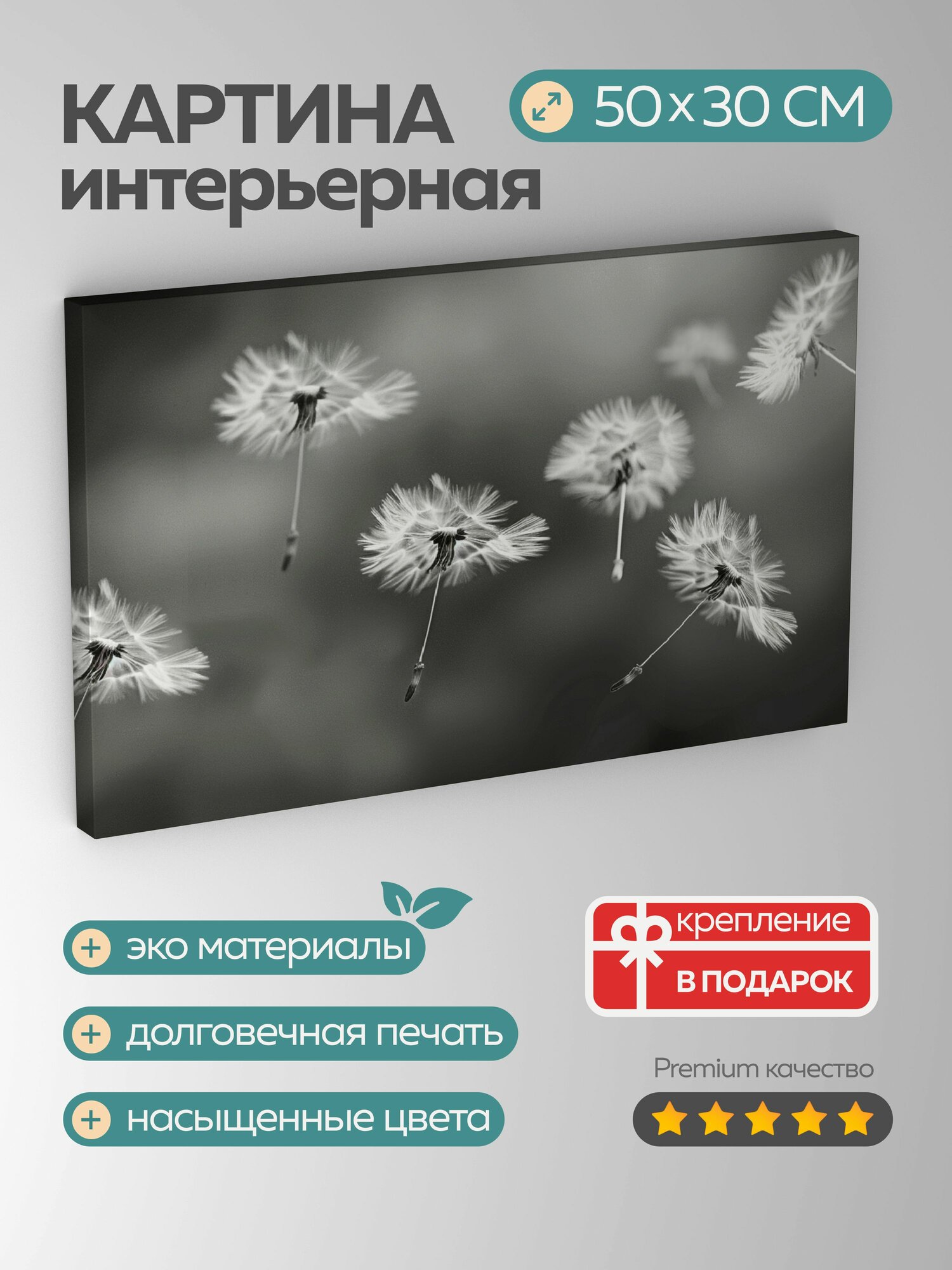 Картина на холсте интерьерная 50х30 см, монохромная фотография, белые семена одуванчика, парящие в воздухе, красота