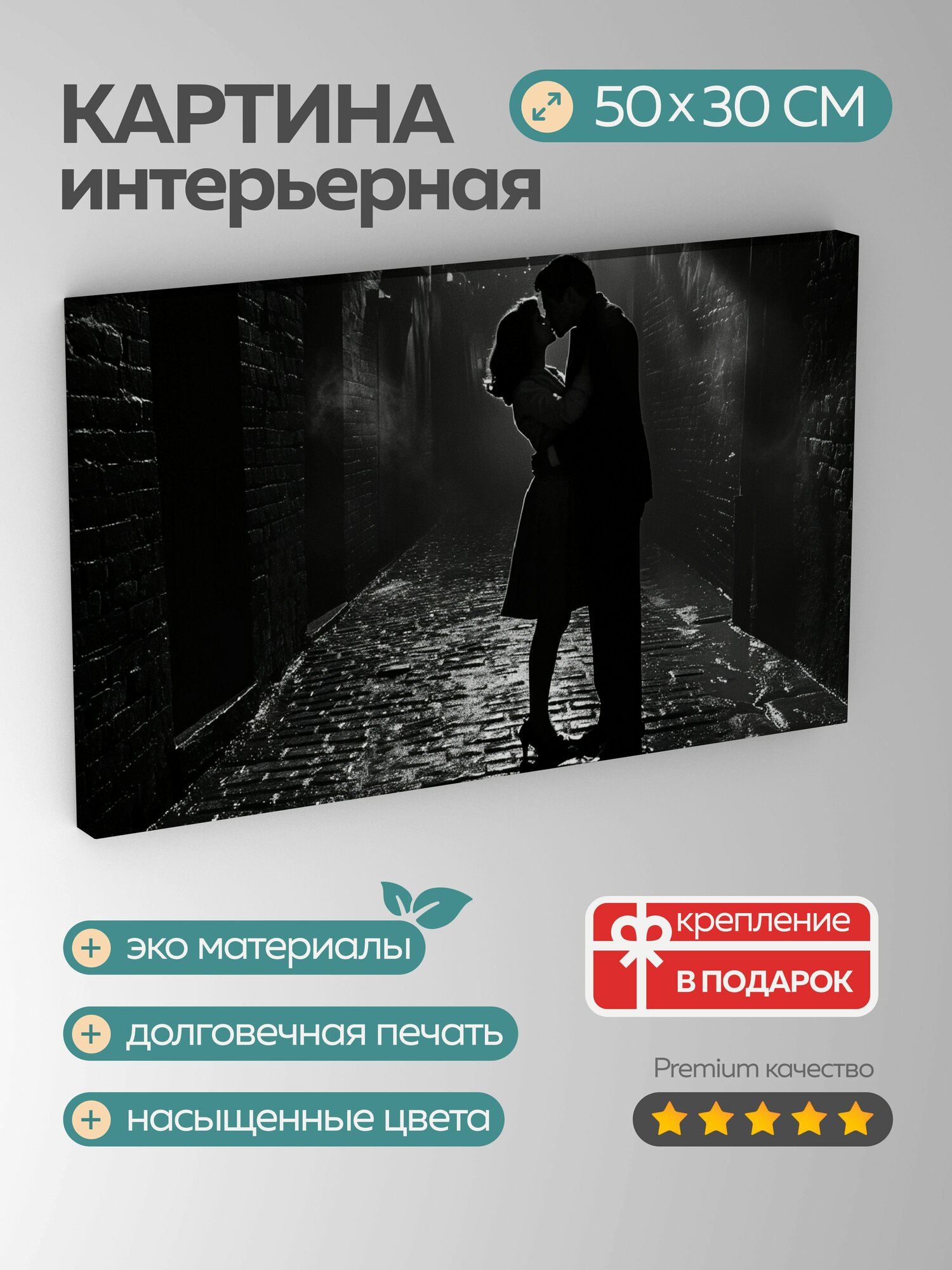 Картина на холсте интерьерная 50х30 см, высококонтрастная фотогра, страстный поцелуй, тускло освещенный переуло