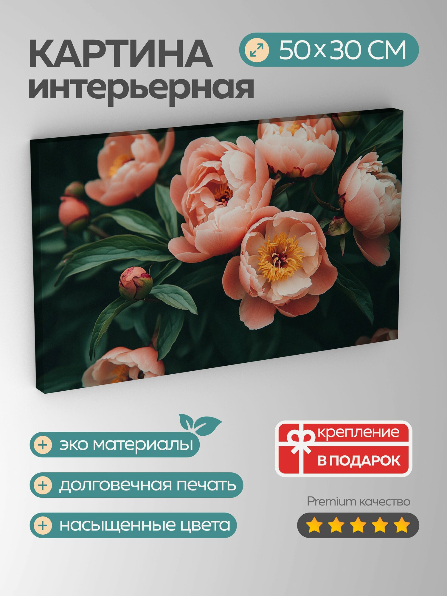 Картина на холсте интерьерная 50х30 см, пионы, букет, разрешение, лепестки, оттенки, розовый, белый, глубина резкости