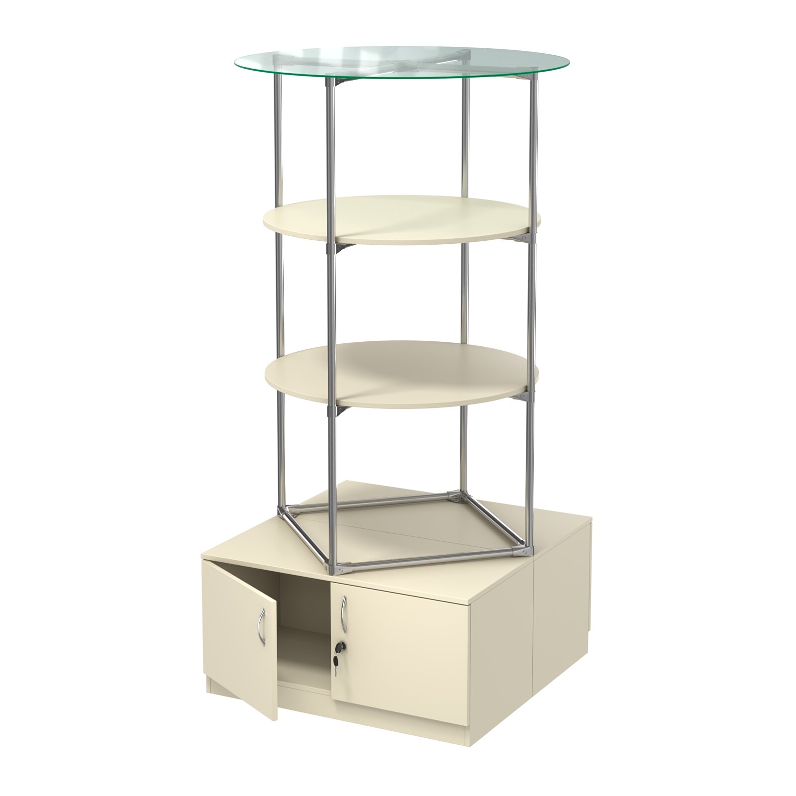 Торговые стенды сфера с полками и тумбами №3 (с двумя полками ДСП 16мм), Крем Вайс