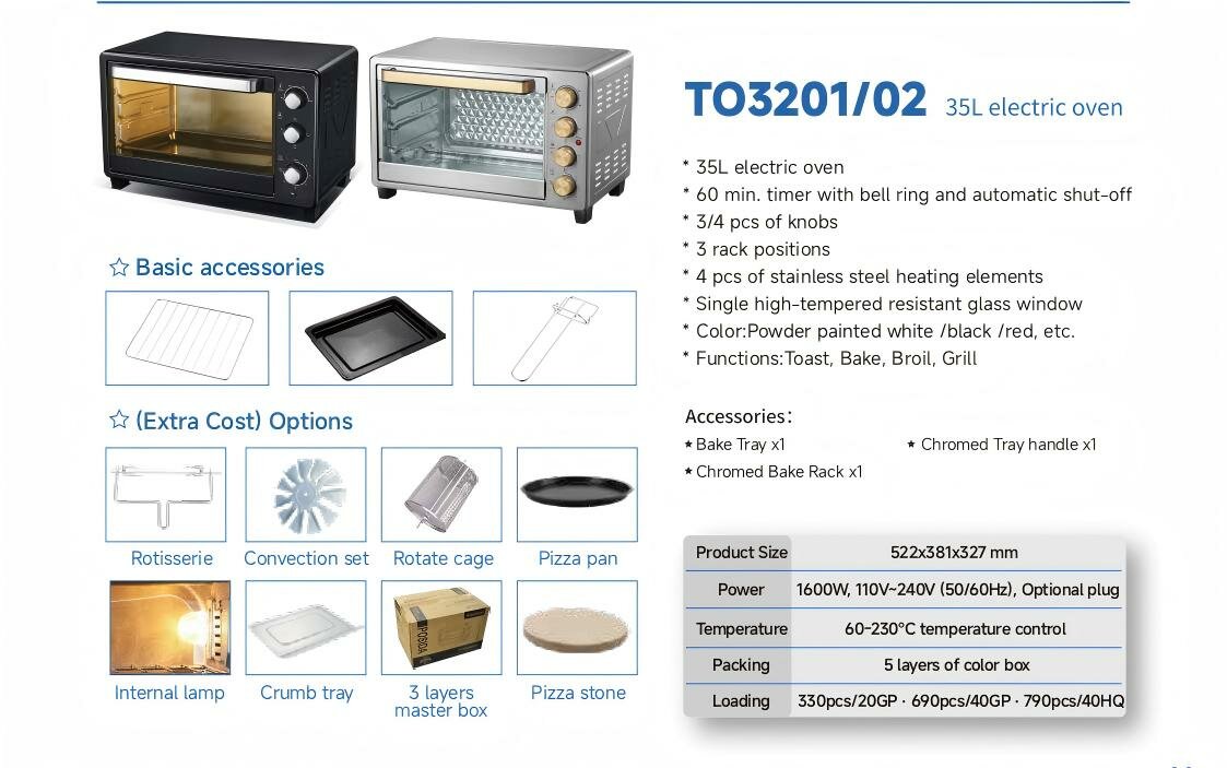 Мини-печь 35 литров , Духовка электрическая настольная 1500 Вт, 3 режим, 2 противня + хромированная решетка, таймер