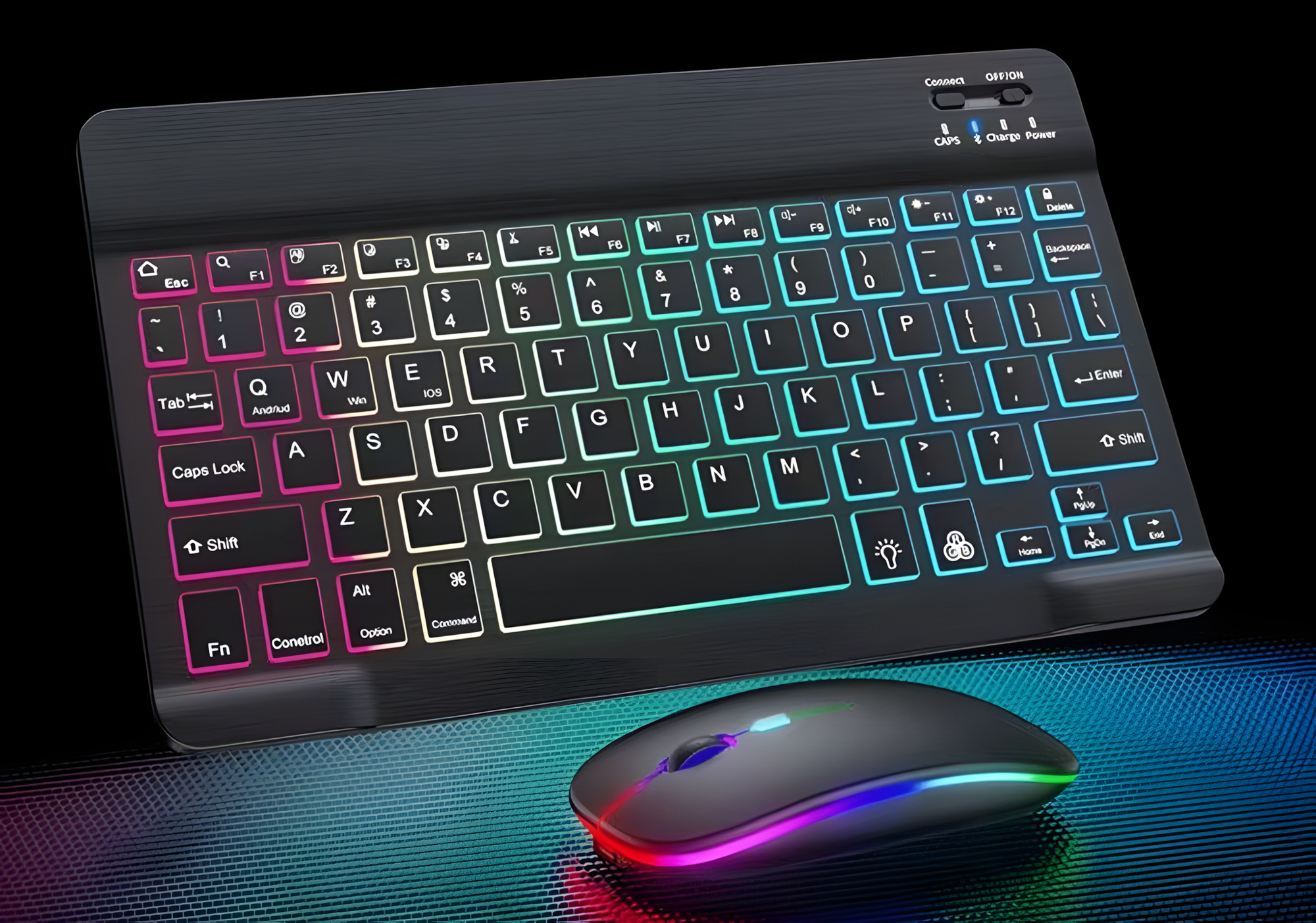 Комплект клавиатура и мышь, беспроводные, универсальные, RGB подсветка клавиш и мыши, цвет черный