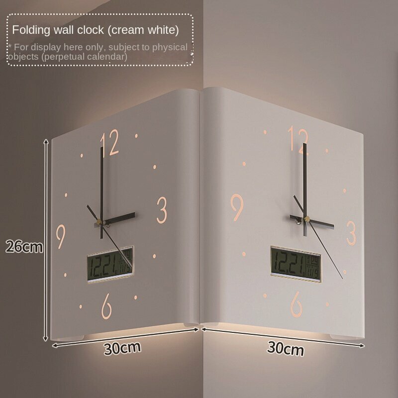 Угловые двухсторонние настенные часы, без перфорации, 27 см*27 см, белые, откидные, с календарем, с подсветкой