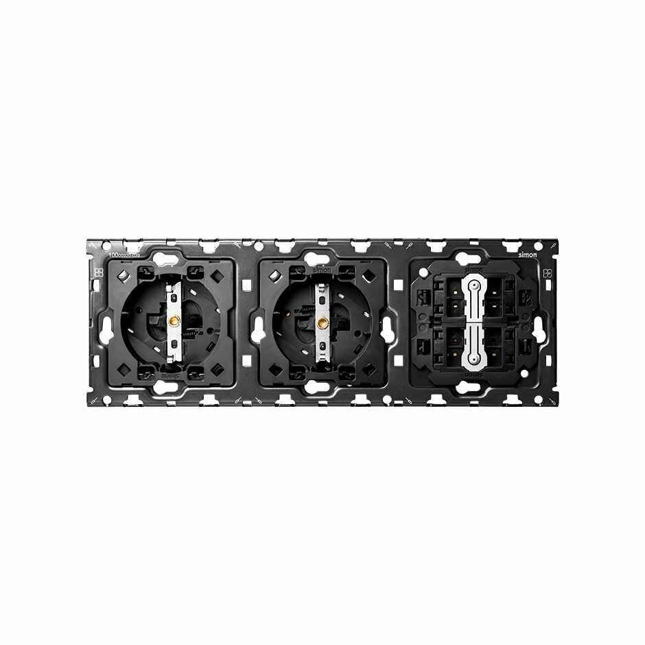 Simon 100 Кит 3 поста механизм 2 розетки Schuko + 2 переключателя (проходные) + суппорт, 10010310-039