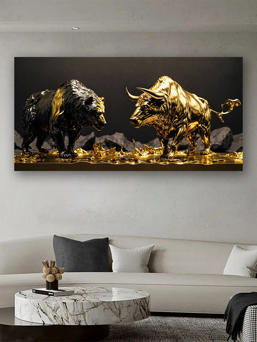 Картина интерьерная на стену - "Бык мотивация деньги в офис" , 40х80 см.