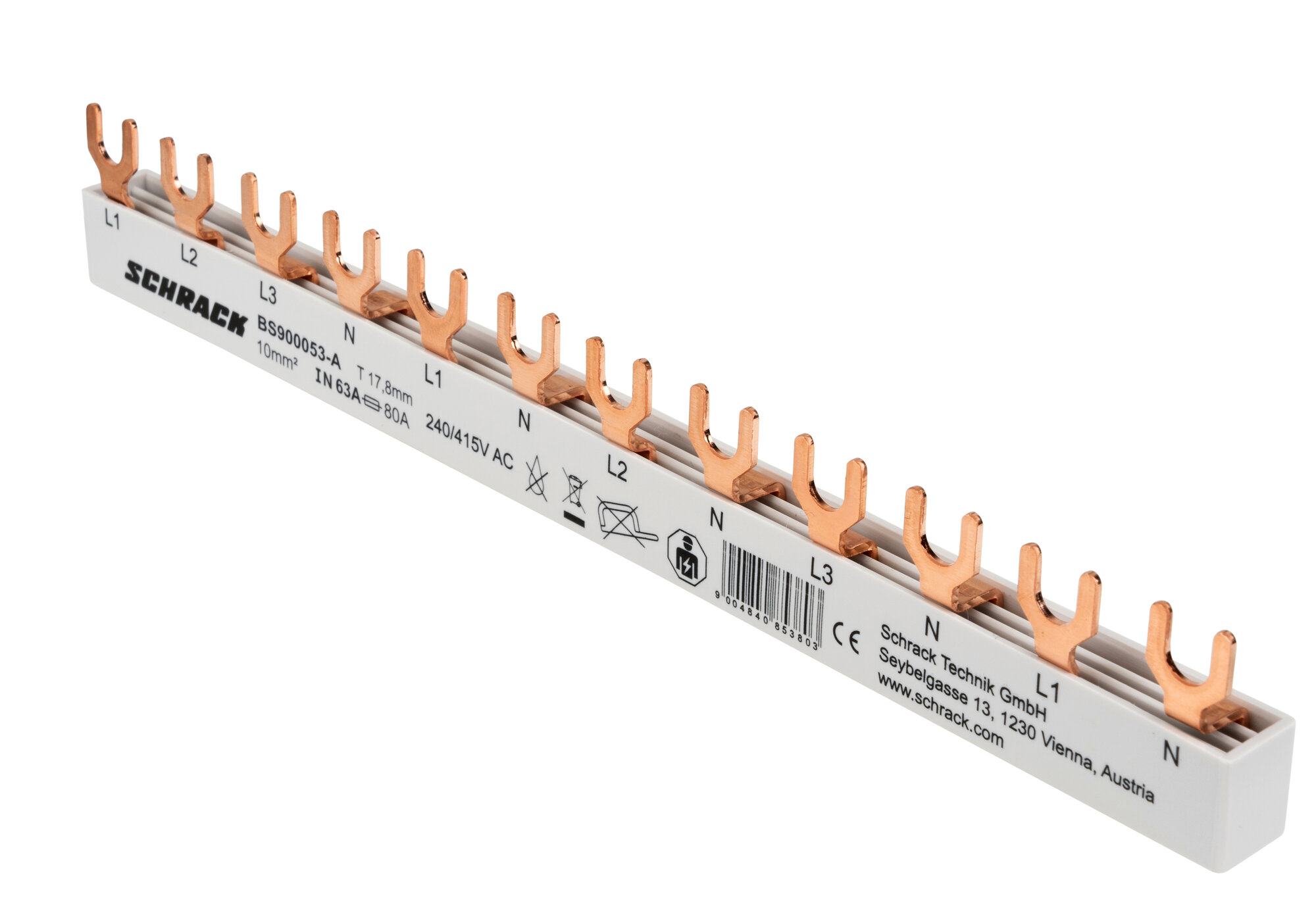 Шина с U образными выводами, 1 полюс, 63A, 10мм, длина 1 метр BS900140