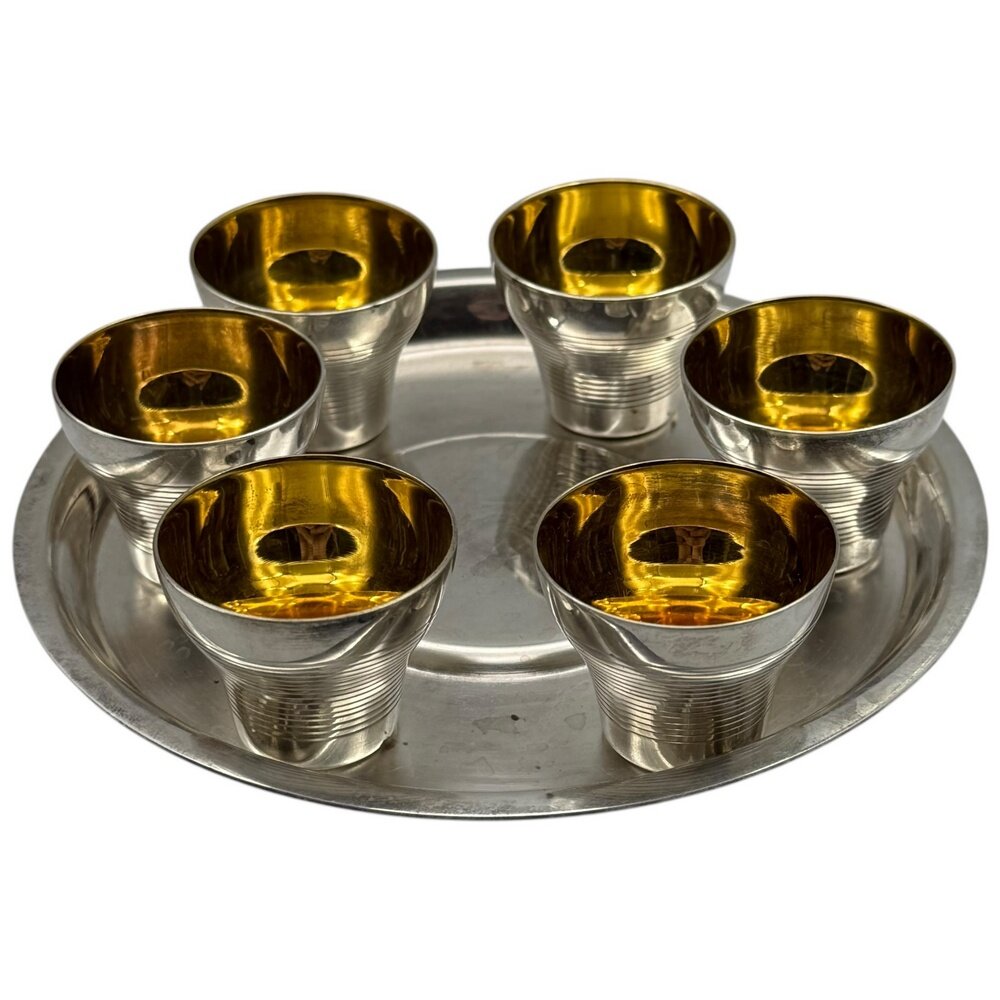 Набор для крепких напитков, поднос и 6 стопок 25 мл, мельхиор, позолота, 1960-1970 гг, СССР