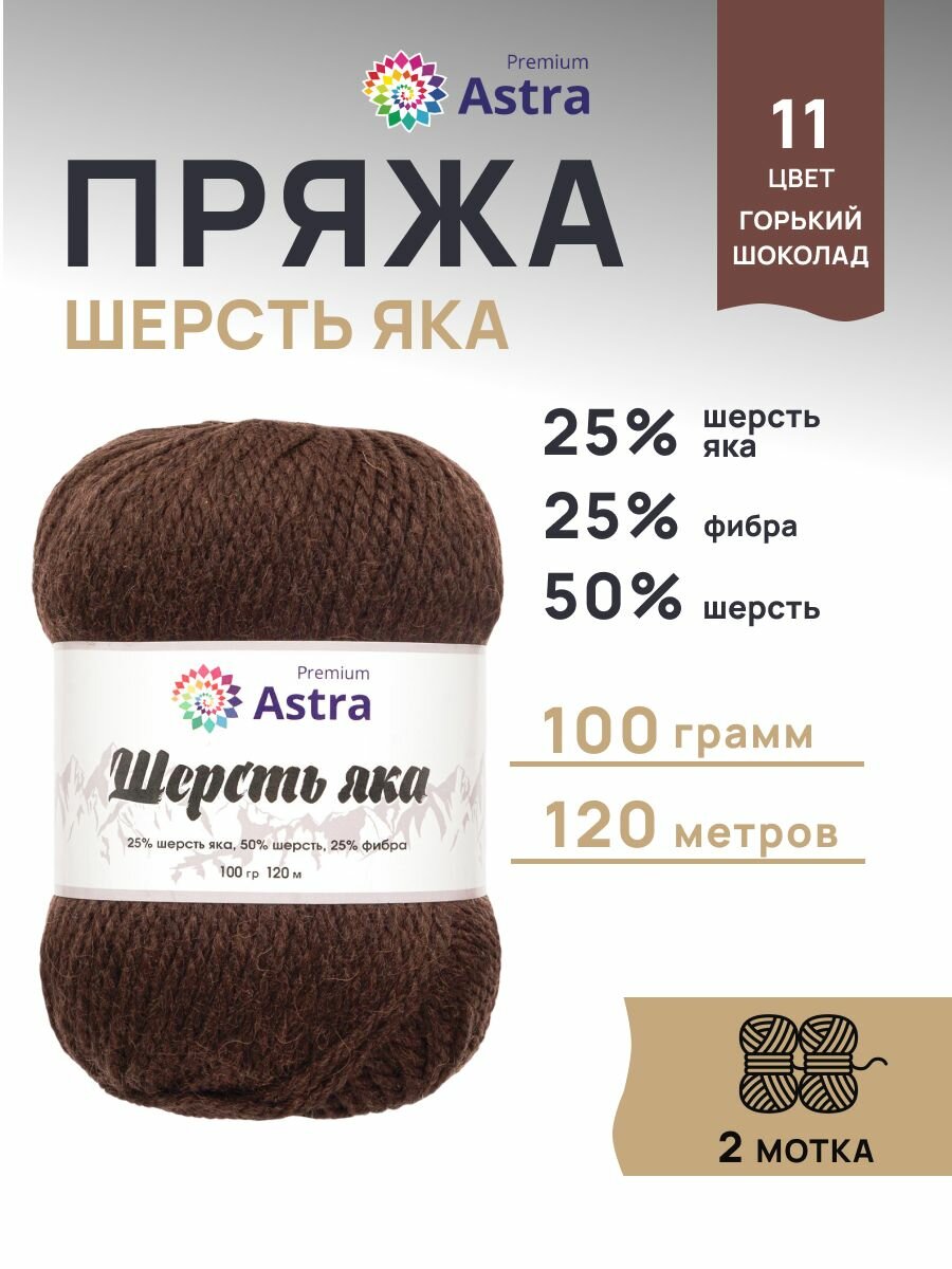 Пряжа для вязания Astra Premium 'Шерсть яка' 100г, 120м (шерсть яка, шерсть, фибра) (11 горький шоколад), 2 мотка