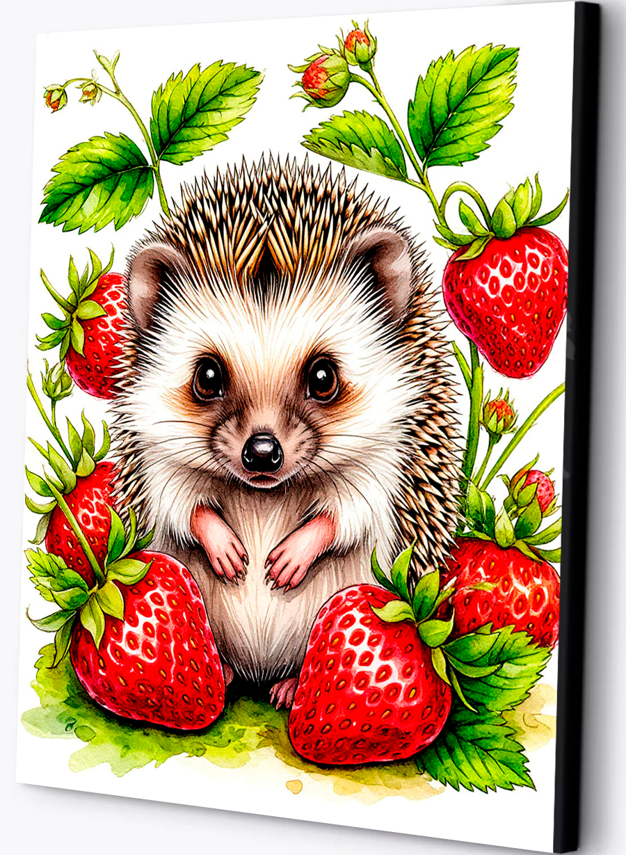 Картина на стену для интерьера "Еж и клубника" 40х50 см, холст на подрамнике, InterHobby