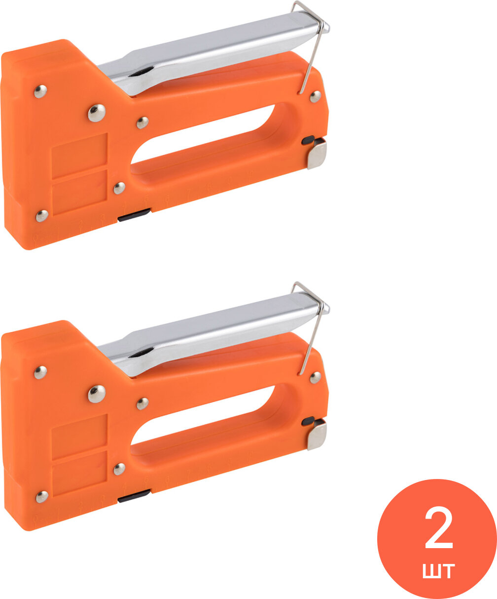Степлер строительный Park / Парк в пластиковом корпусе с металлической ручкой, оранжевый, в комплекте 100 скоб типа 53 / инструменты (комплект из 2 шт)