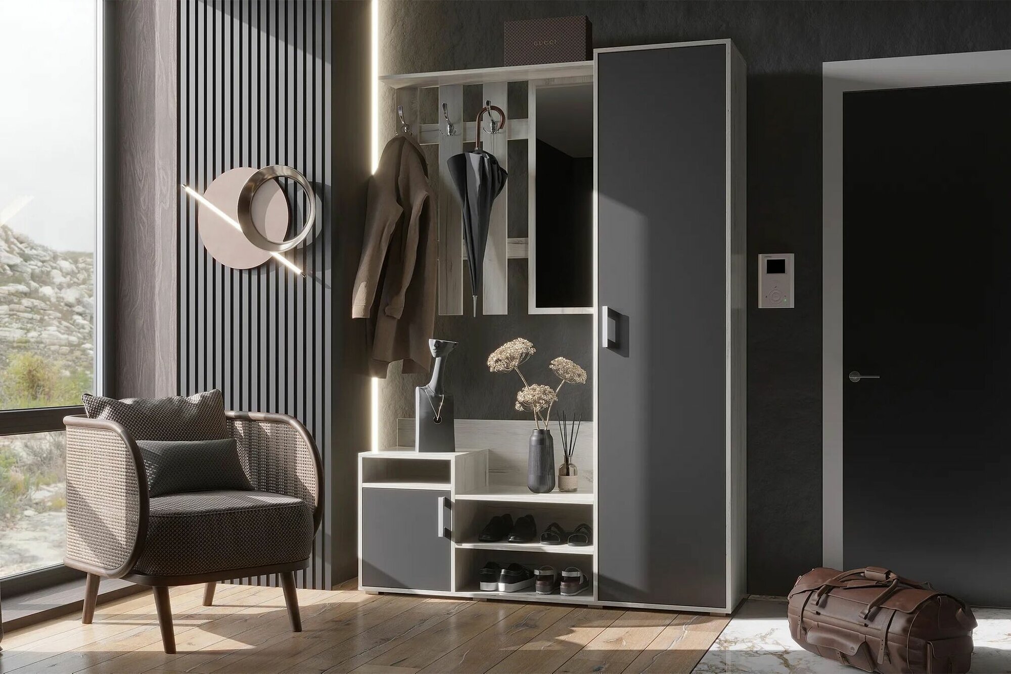 Прихожая мебель в коридор Визит, крафт белый/графит, модульная комплект с зеркалом