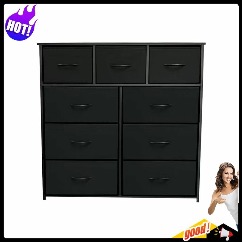 Тканевый комод с 9 выдвижными ящиками, прочной стальной рамой, деревянной столешницей и легко натягивающейся тканью