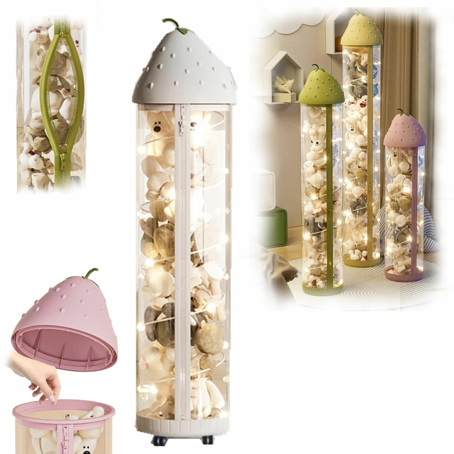 Ящик для хранения плюшевых игрушек с колесиками на 360 и светодиодной подсветкой, белый, 142 см