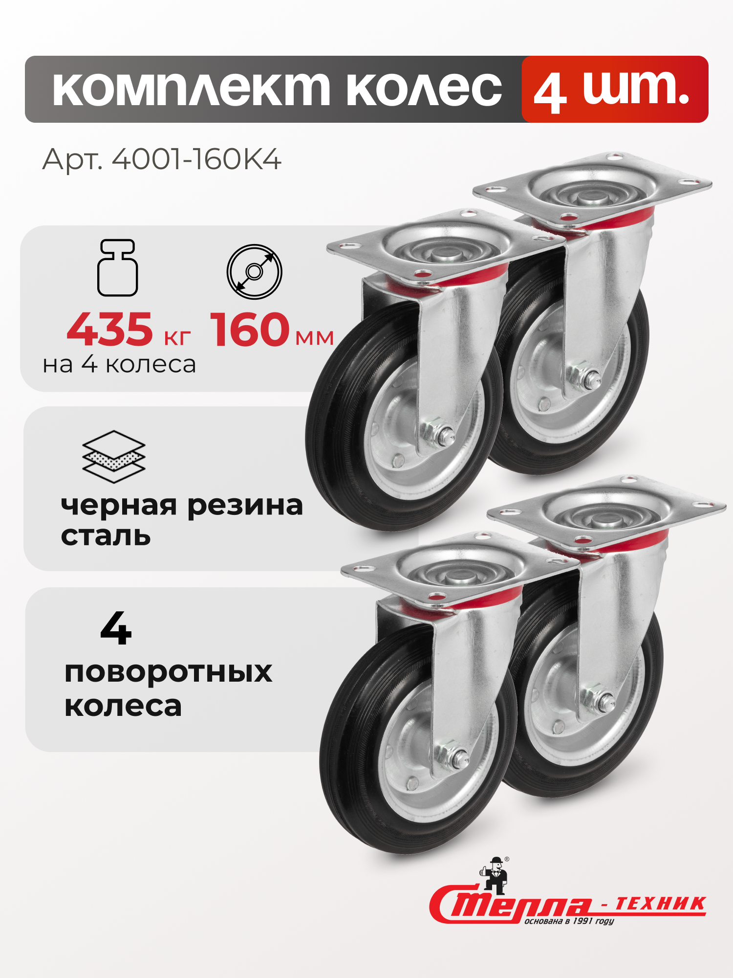 Комплект колес Стелла-техник 4001-160K4 диаметр 160 мм, грузоподъемность 145 кг, черная резина, сталь, 4 шт.