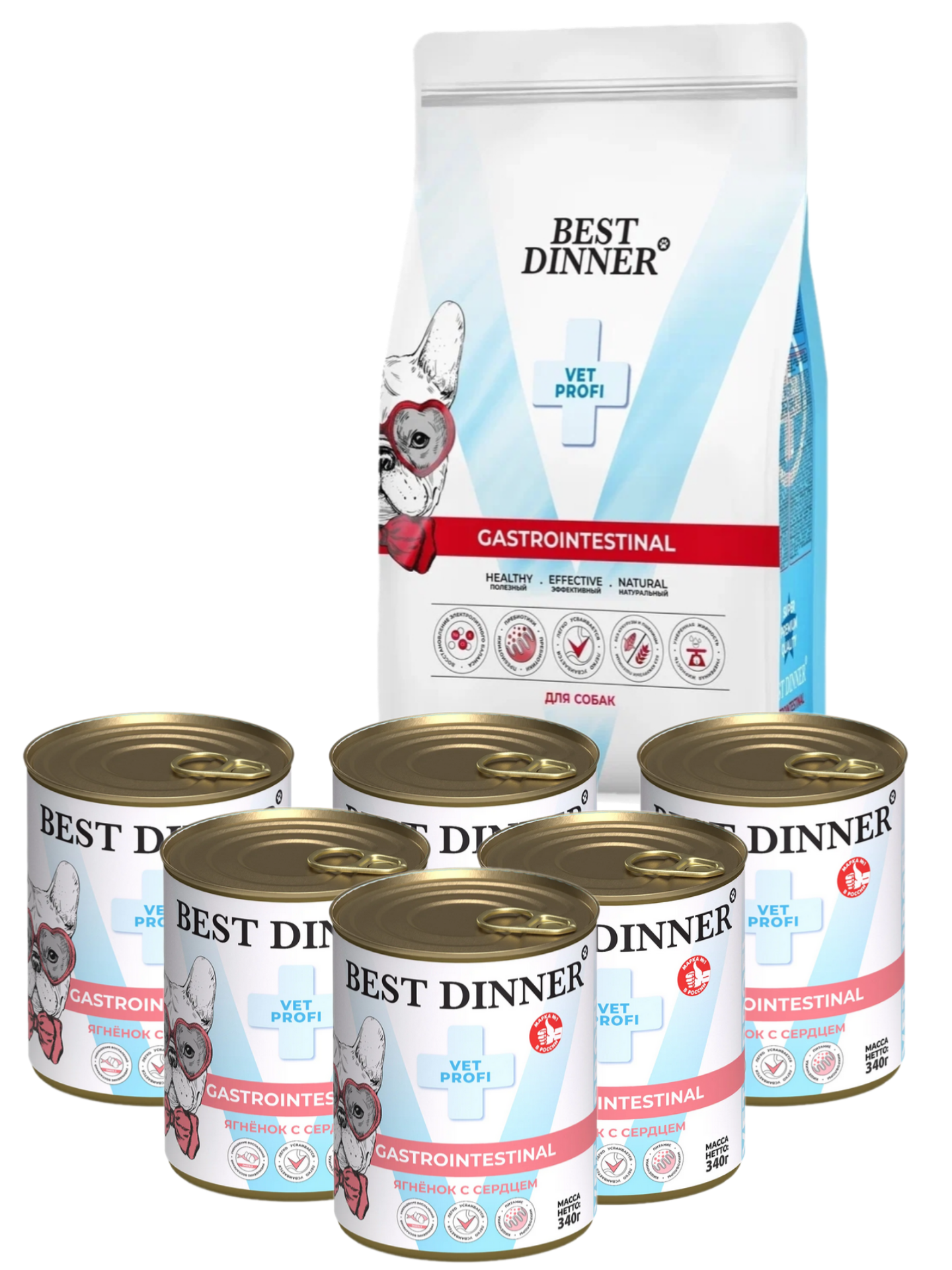 Набор Best Dinner Vet Profi Gastrointestinal Сухой корм для собак 12кг + Best Dinner Влажный корм для собак, Ягненок и Сердце 6шт*340гр