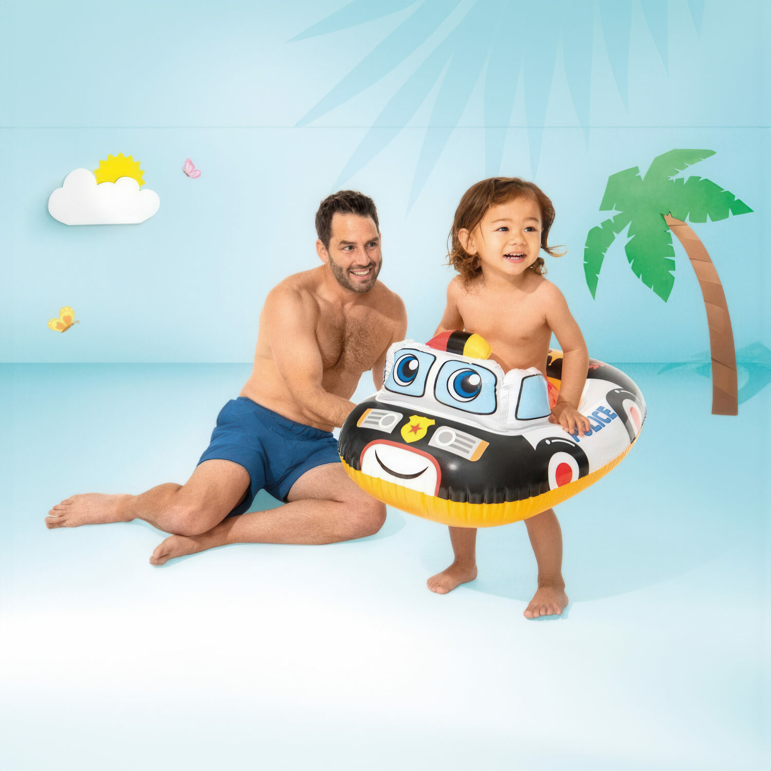 Круг для плавания детский с ножками трусиками Intex Интекс полицейская машинка, 1 - 2 года, для бассейна,71 х 57 см