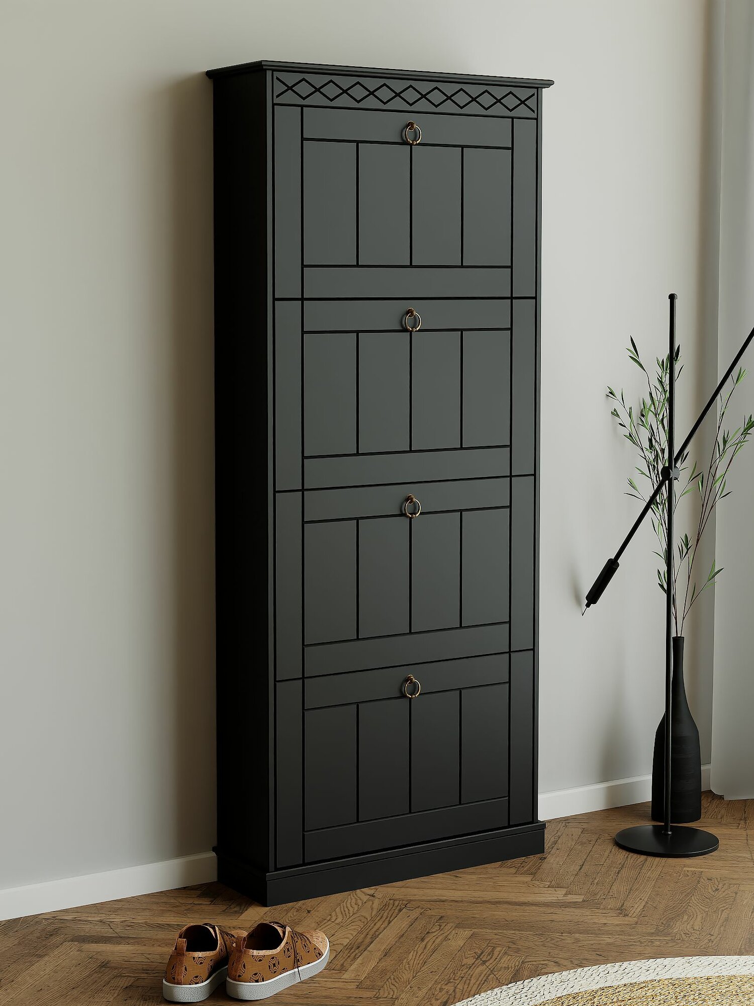Обувница для прихожей, 66х22х158, Индра, закрытая, тумба для обуви, МДФ, черный, Dipriz
