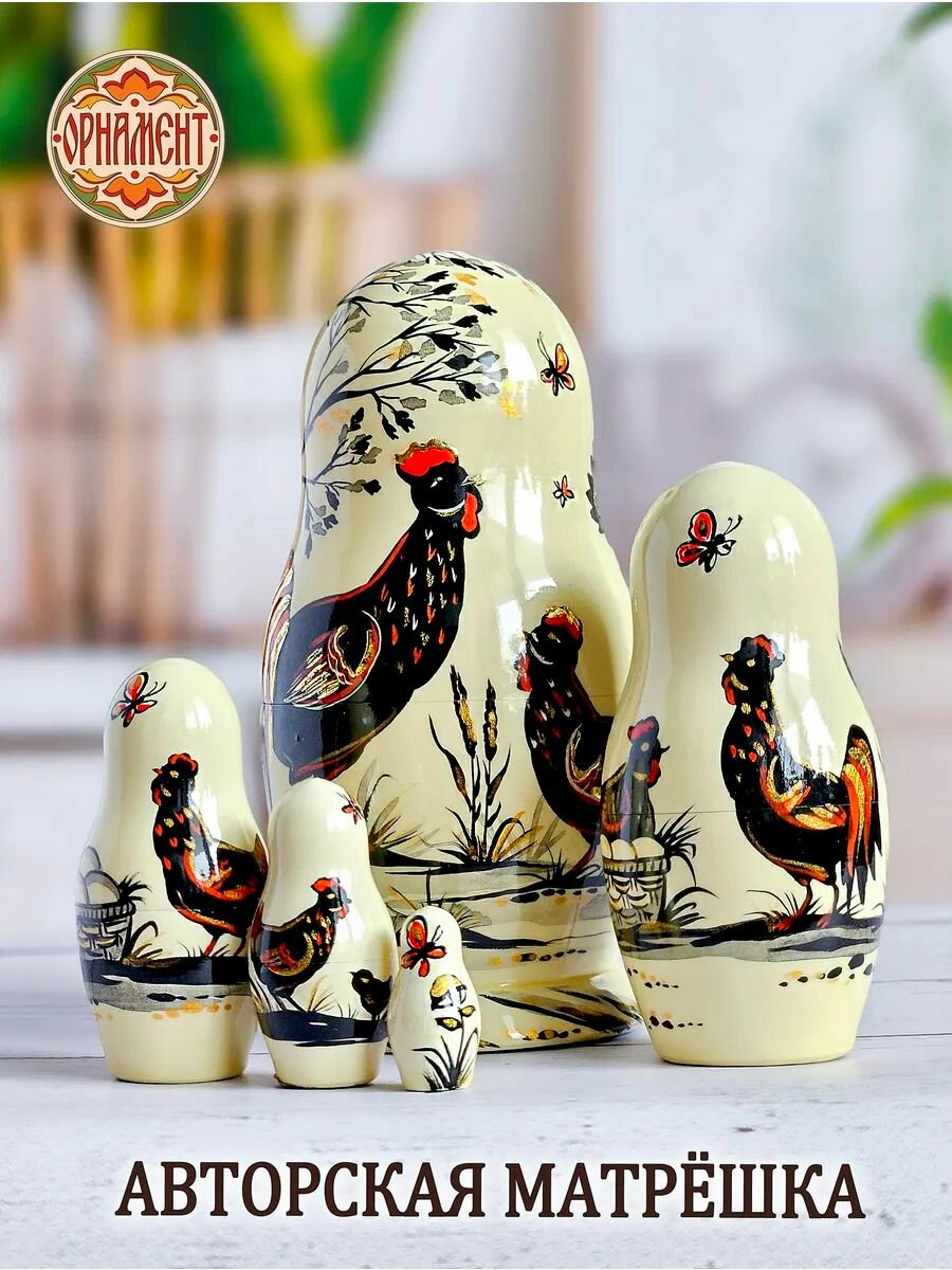 Матрешка деревянная детская развивающая игрушка 5 мест 12 см Тени петушок Орнамент
