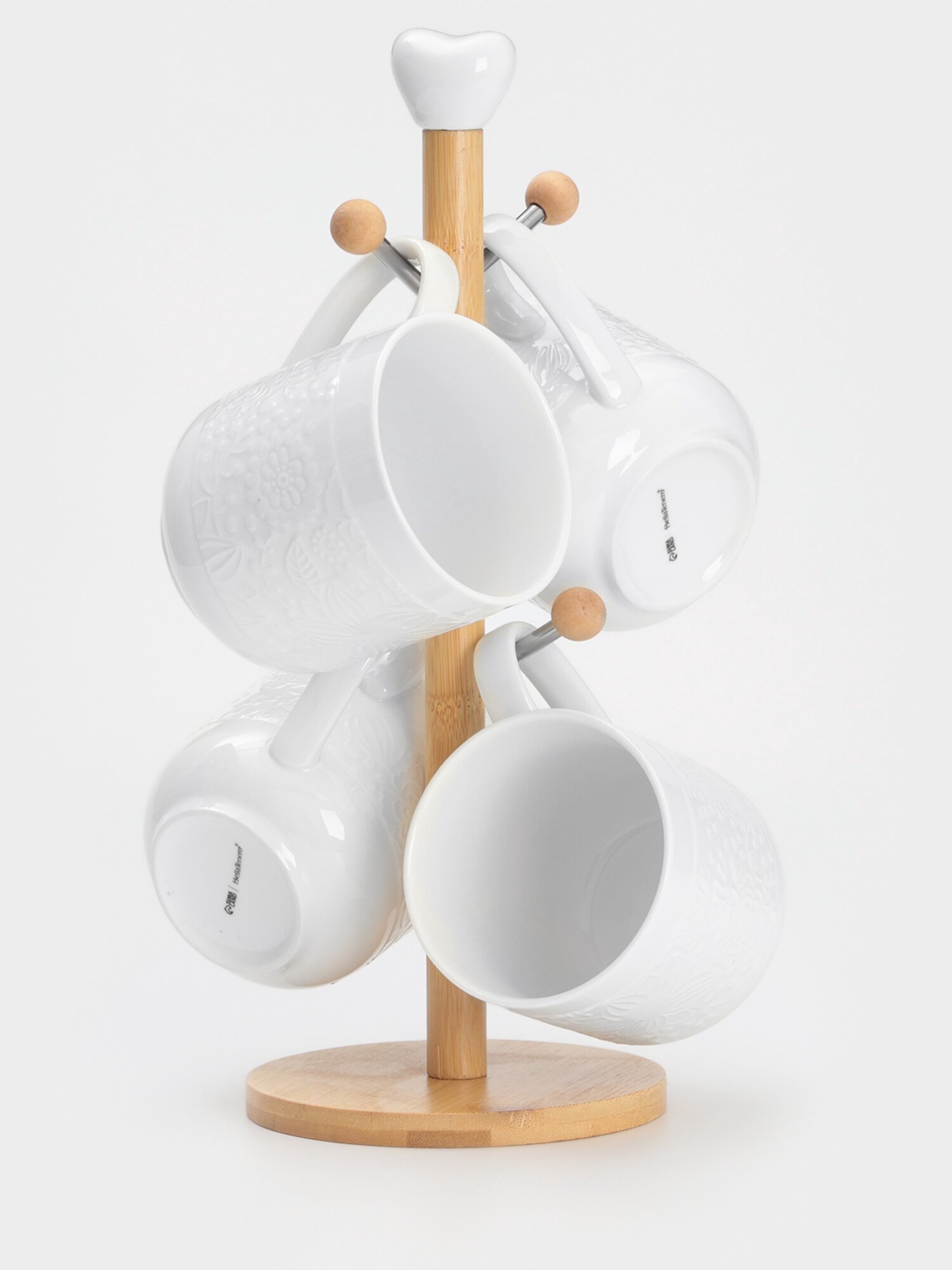 Набор кружек на деревянной подставке BellaTenero, 4 предмета: 400 мл, фарфор, белый