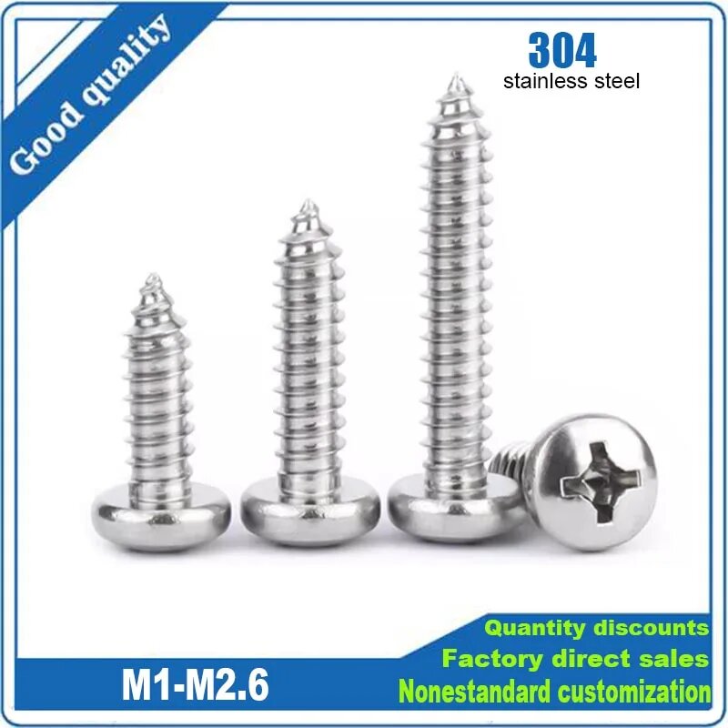 50 шт. M1 M1.2 M1.4 M1.7 M1.8 M2 M2.2 M2.3 M2.6 GB845 Нержавеющая сталь 304 Крестообразный винт с круглой головкой Саморез по дереву