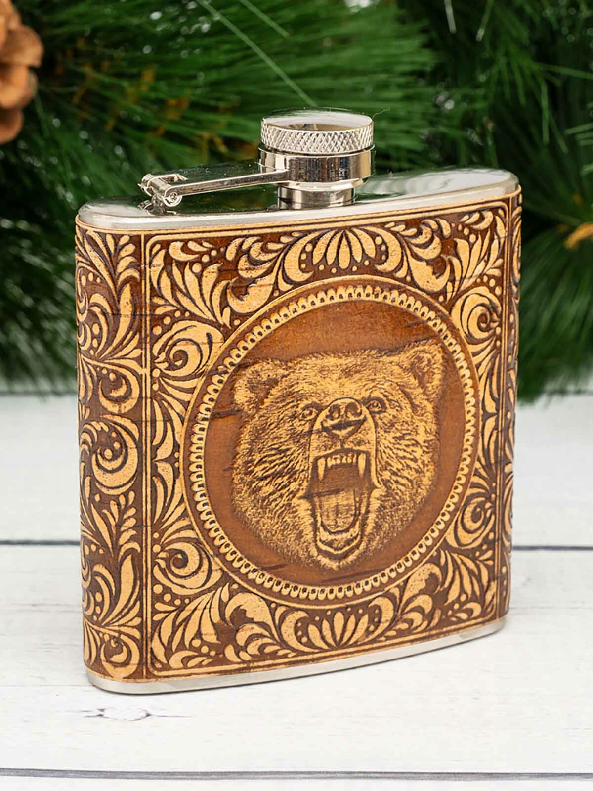 Фляжка - Мишка, Нержавейка, Береста, 180 мл / 60Z