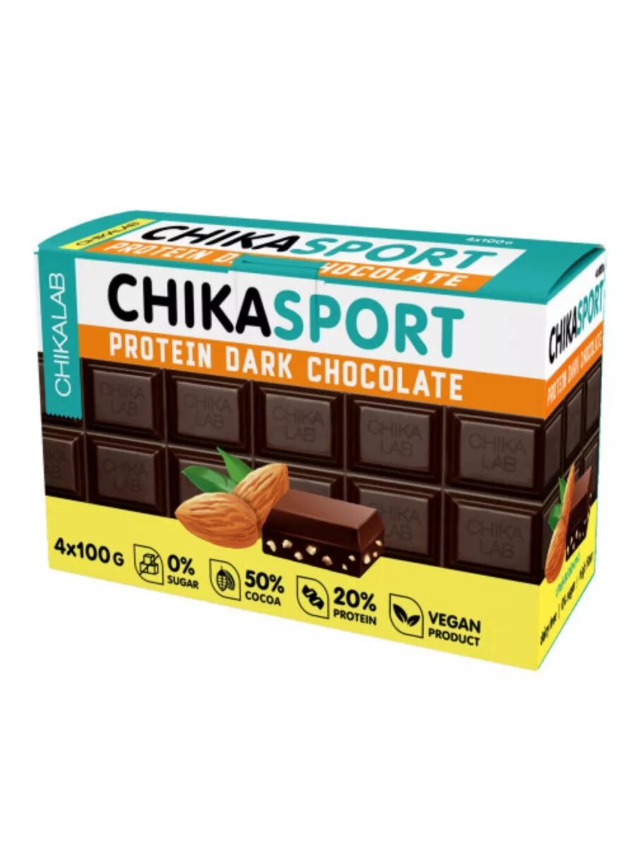 CHIKA SPORT Протеиновый Темный шоколад с миндалем без сахара, 4шт по 100г